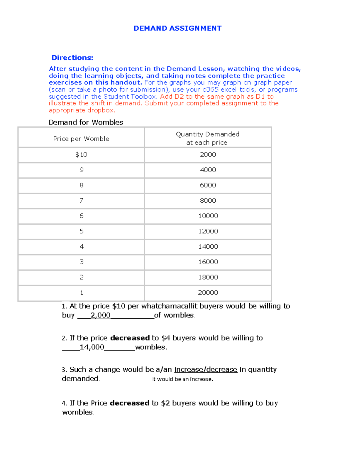 Demand Assignment Revised - DEMAND ASSIGNMENT Directions: After ...