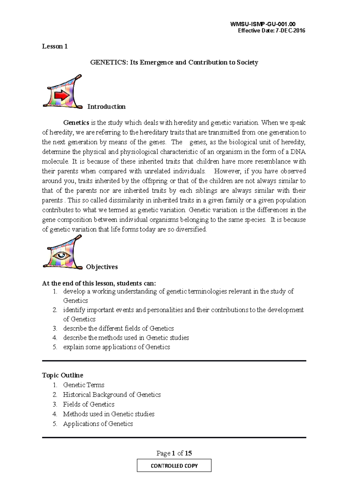 Genetics Homework - Effective Date: 7-DEC- Lesson 1 GENETICS: Its ...