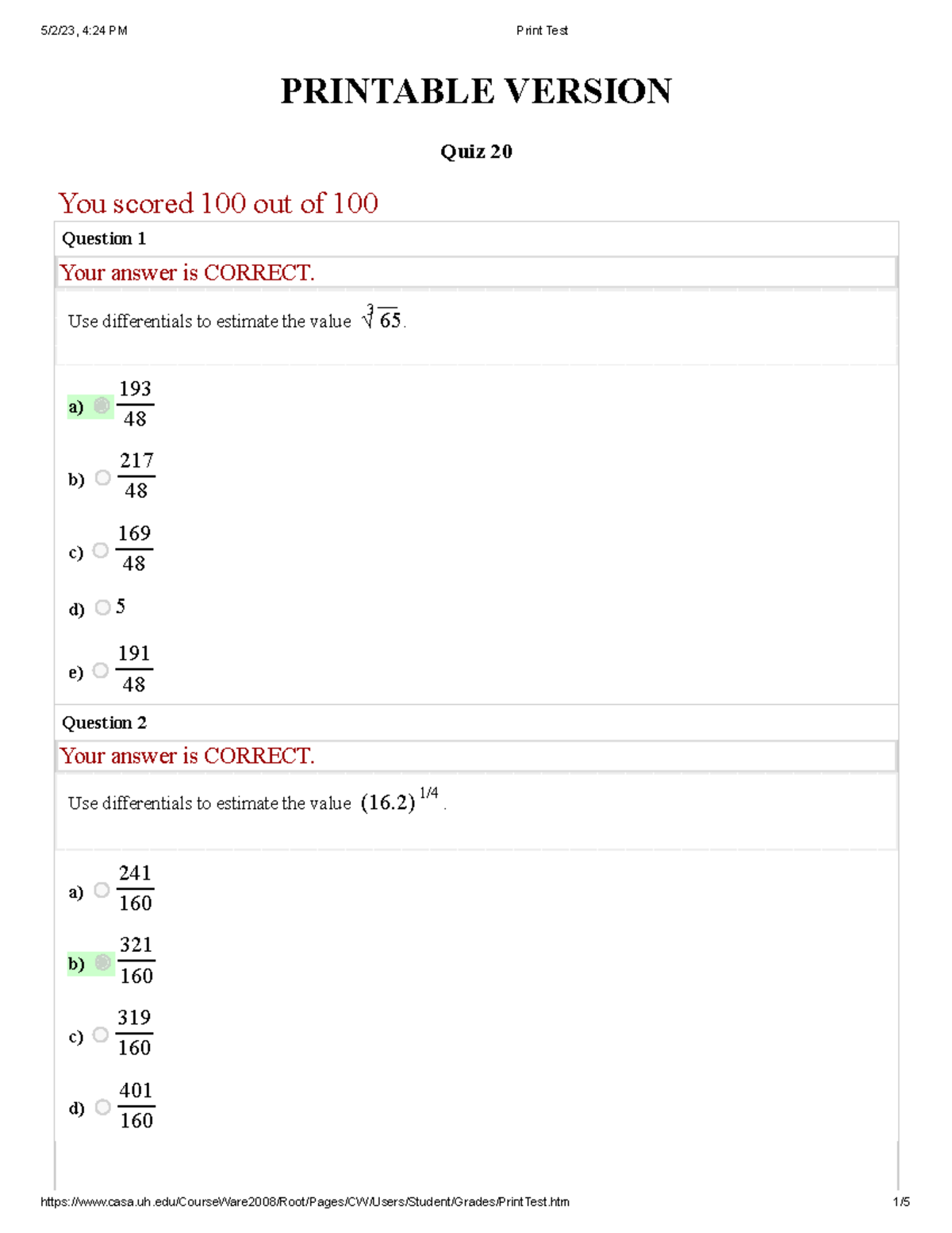 Quiz 20 - Quiz 20 - PRINTABLE VERSION Quiz 20 You scored 100 out of 100 ...