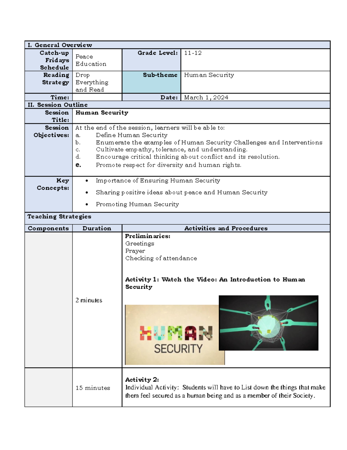 Peace Education - I. General Overview Catch-up Fridays Schedule Peace ...