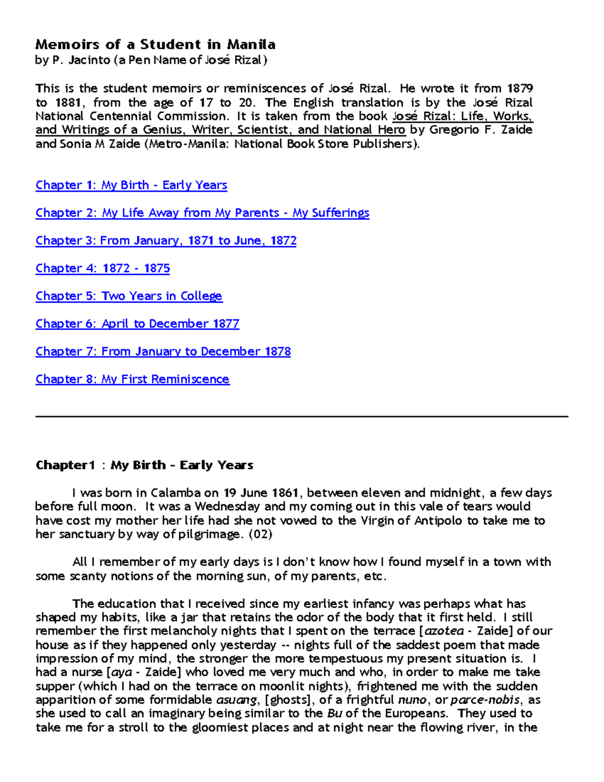 Rizal Memoirs of a Student in Manila - Memoirs of a Student in Manila ...