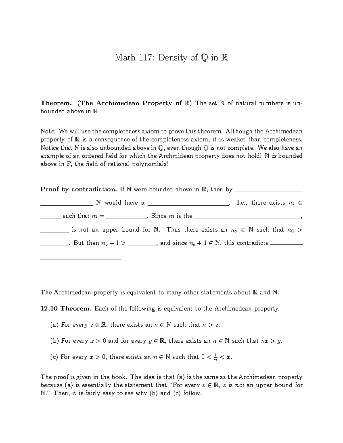 Density - done - Math 117: Density of Q in R Theorem. (The Archimedean ...
