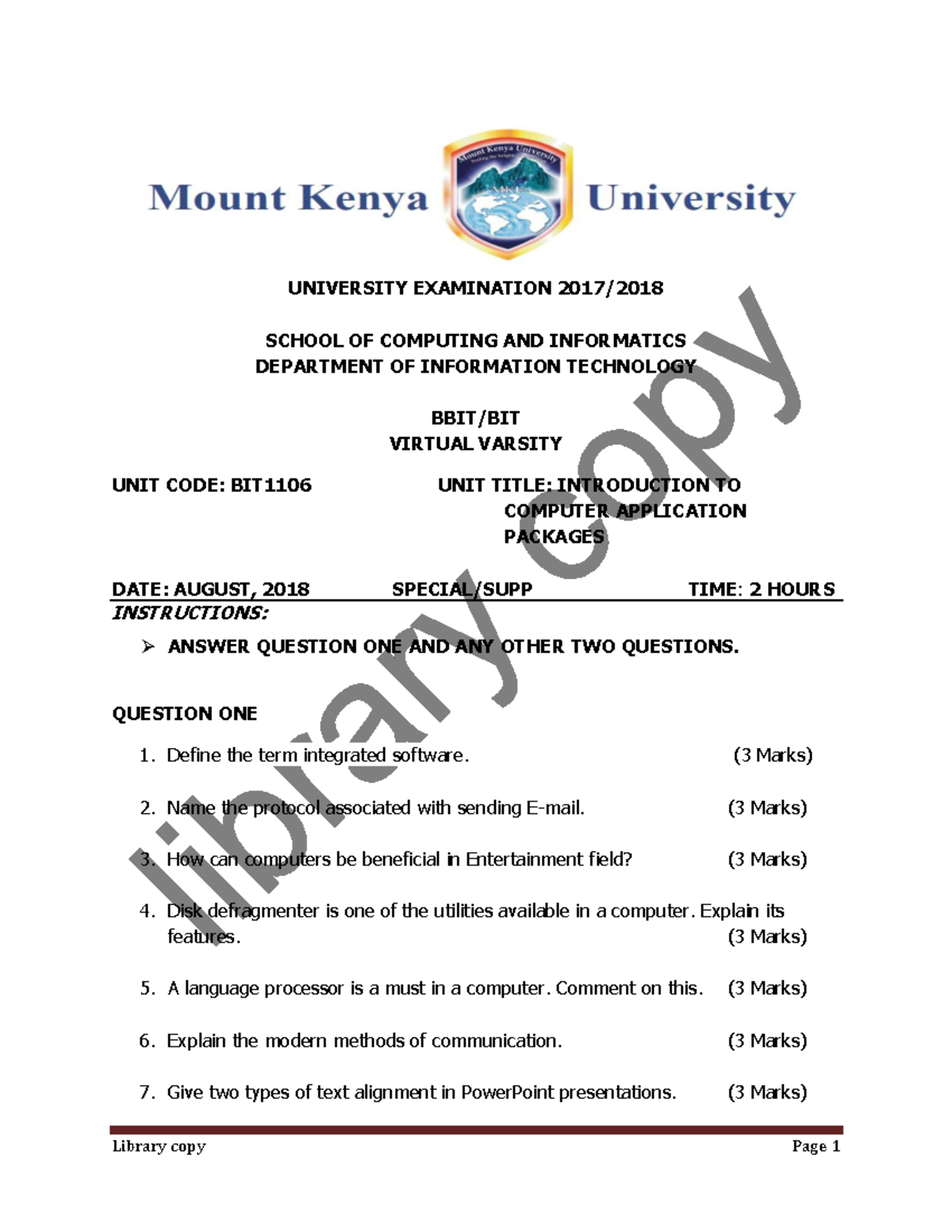 BIT1106 Introduction TO Computer Application Packages Virtual SUPP - Library copy Page 1 ...