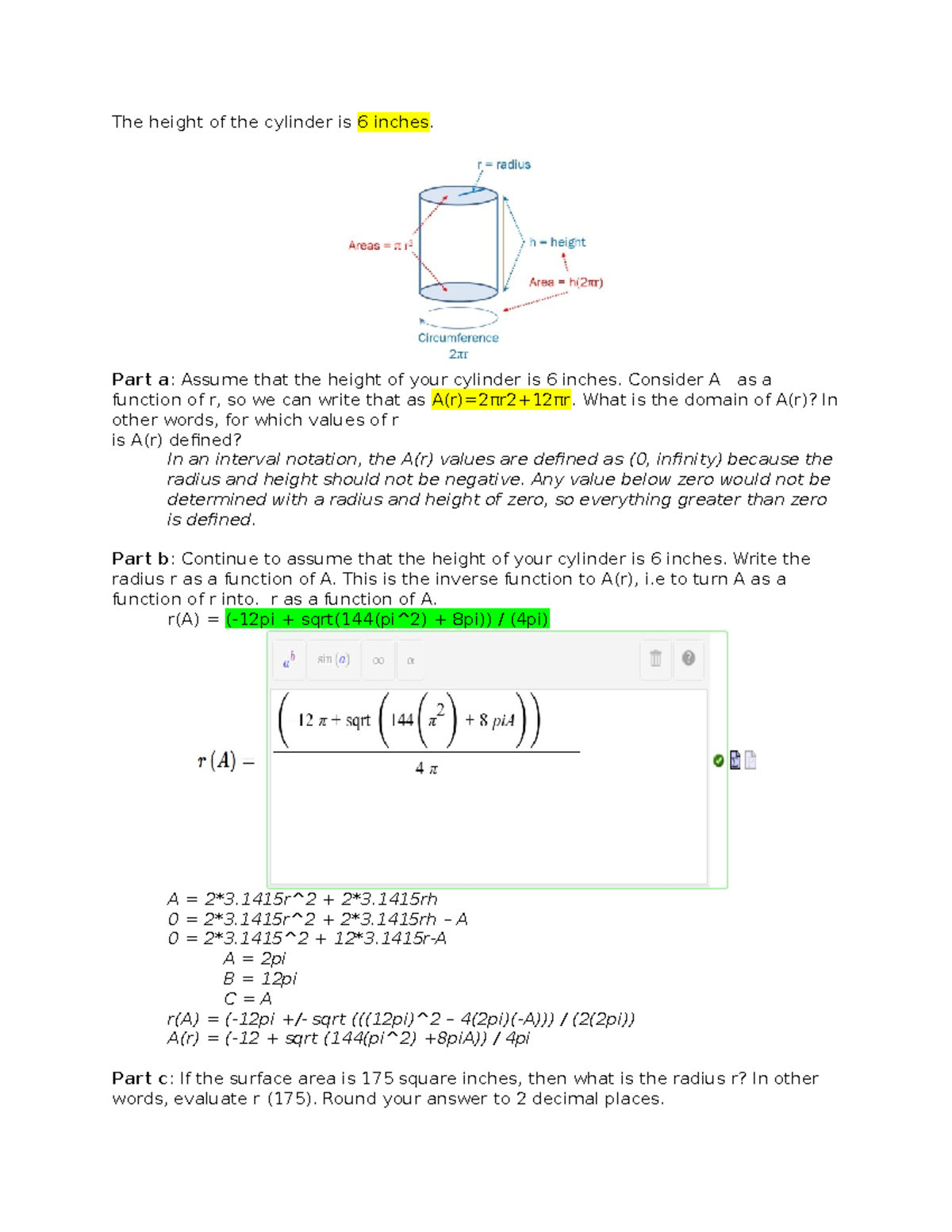 Surface Area - Calculation of Surface Area - The height of the cylinder ...