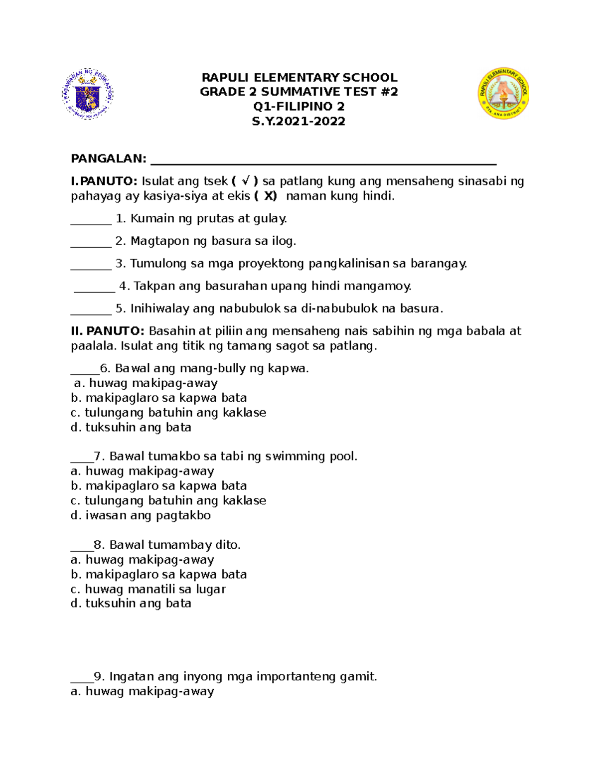 Grade 2- Summative TEST #2 Filipino - RAPULI ELEMENTARY SCHOOL GRADE 2 ...