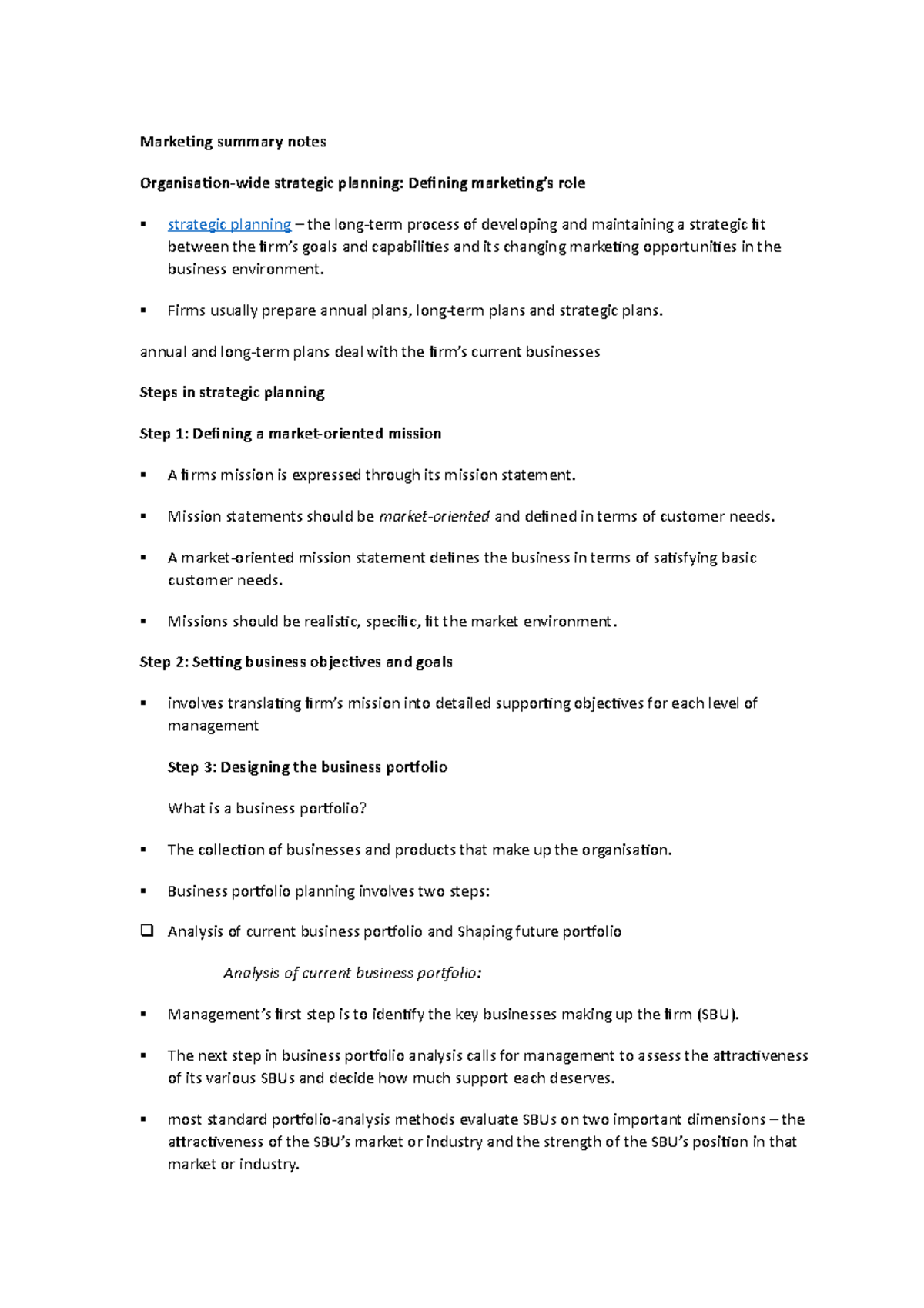 Marketing summary notes 3 - Marketing summary notes Organisation-wide ...