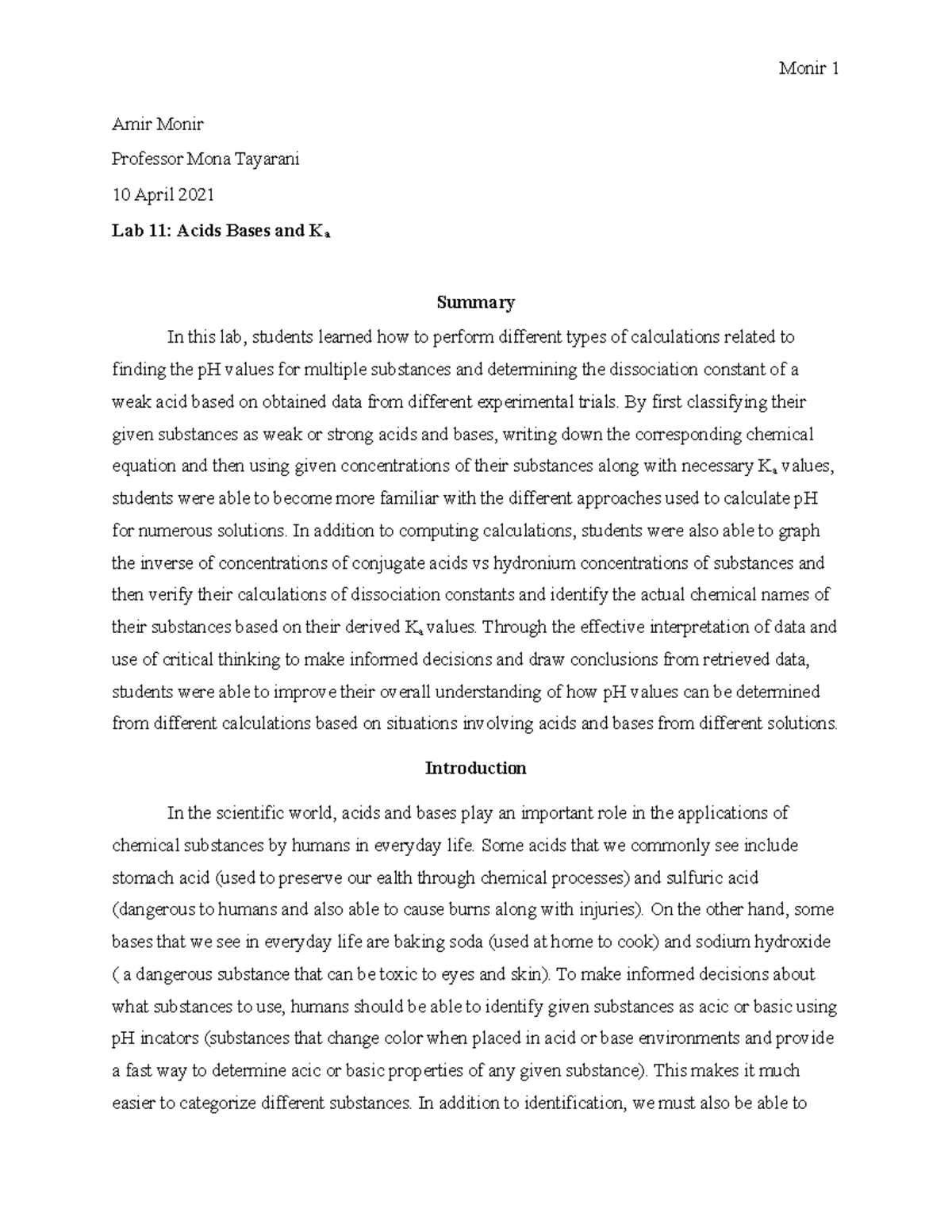 Lab 11 Acids Bases and Ka by Amir Monir - Amir Monir Professor Mona ...