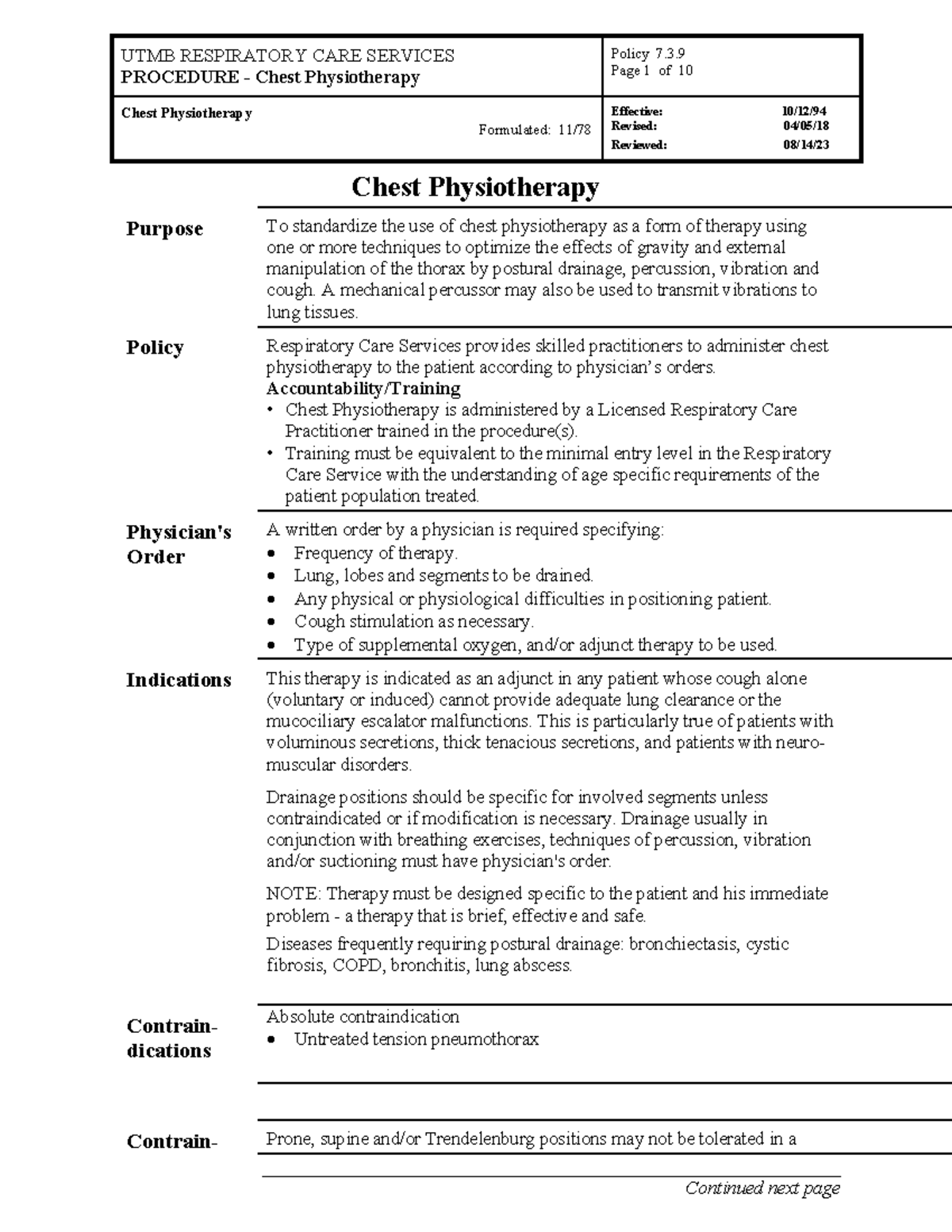 Chest Physiotherapy Guide - UTMB RESPIRATORY CARE SERVICES PROCEDURE ...