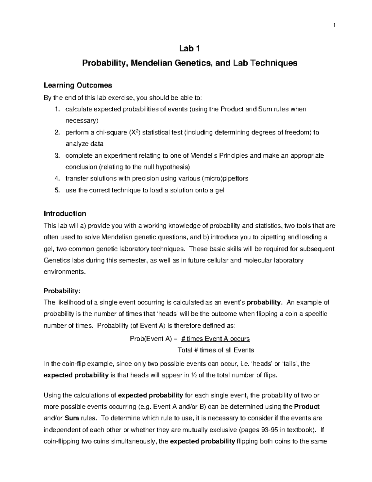 Lab 1 - Fall 2019 Lab 1 - Lab 1 Probability, Mendelian Genetics, and Lab Techniques Learning ...