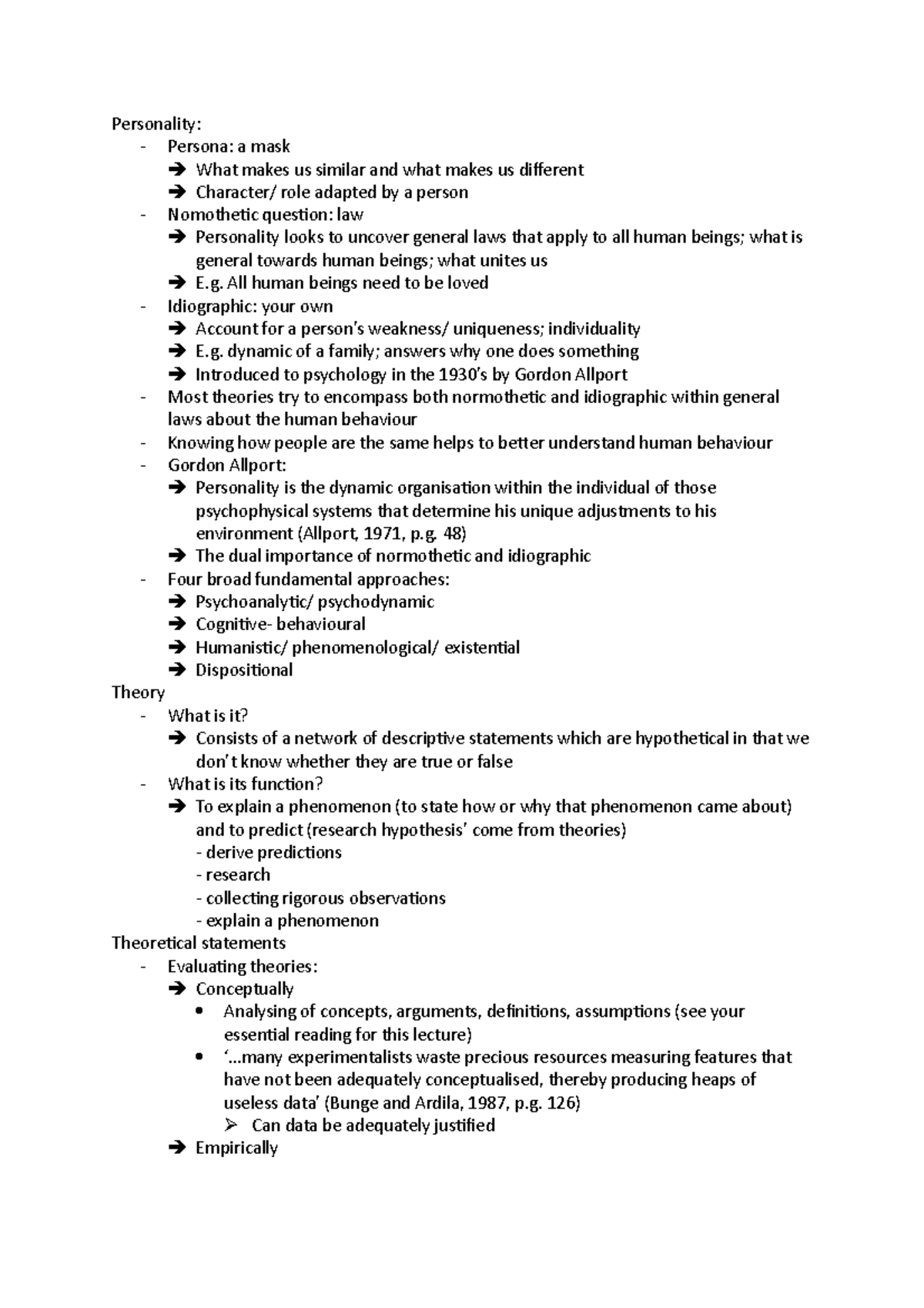 Personality 1 - Lecture notes 1 - Personality: - Persona: a mask What ...