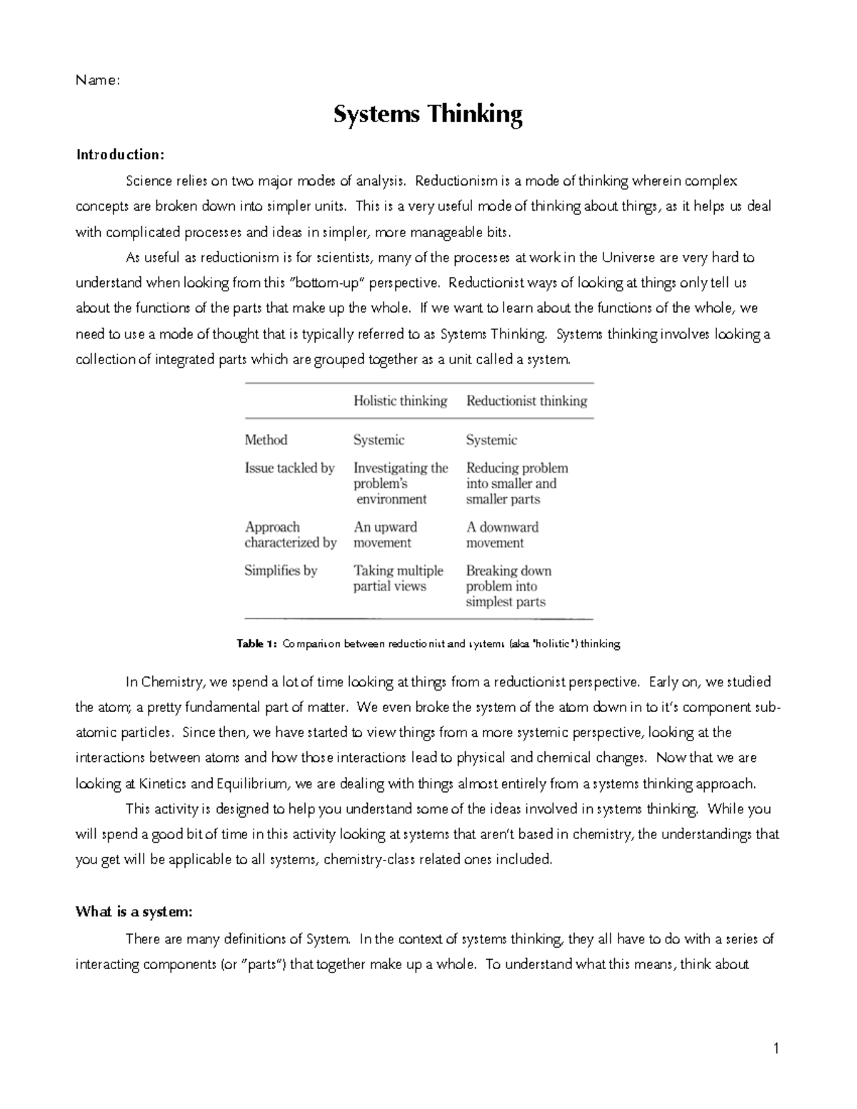 HChem- handout Systems Thinking Activity - Name: Systems Thinking ...