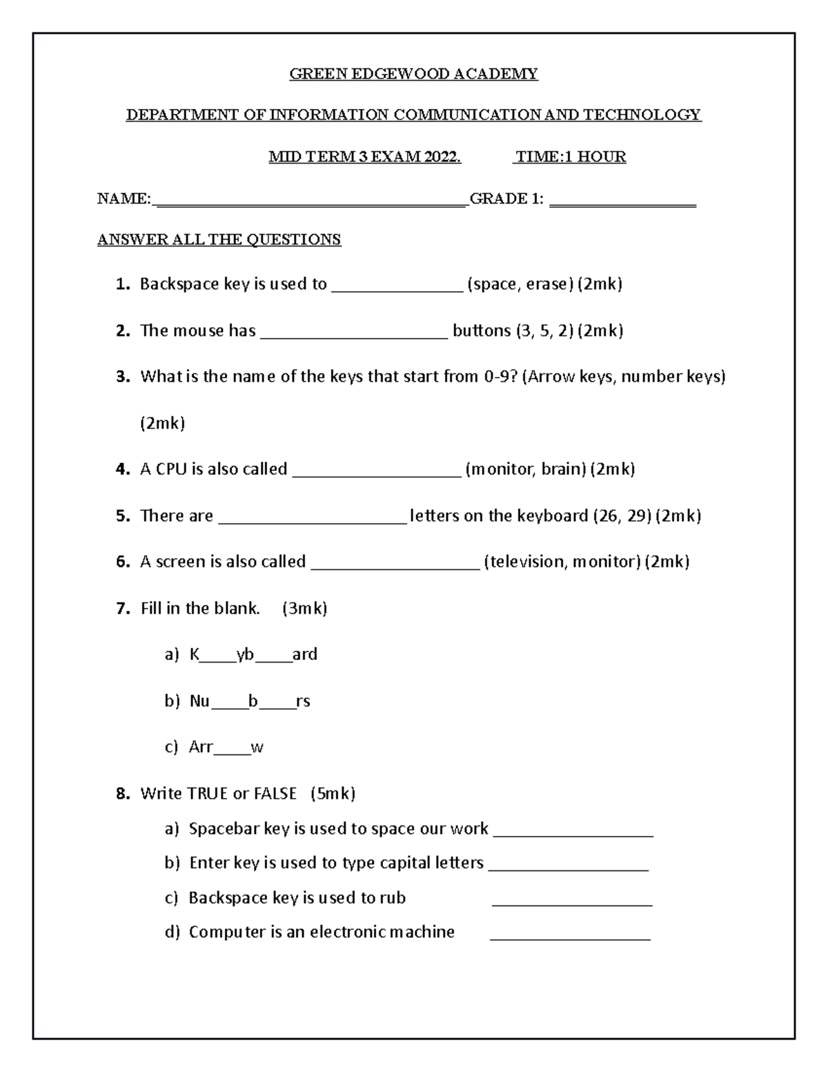 MID TERM Grade 1 - Exam Revision - GREEN EDGEWOOD ACADEMY DEPARTMENT OF ...