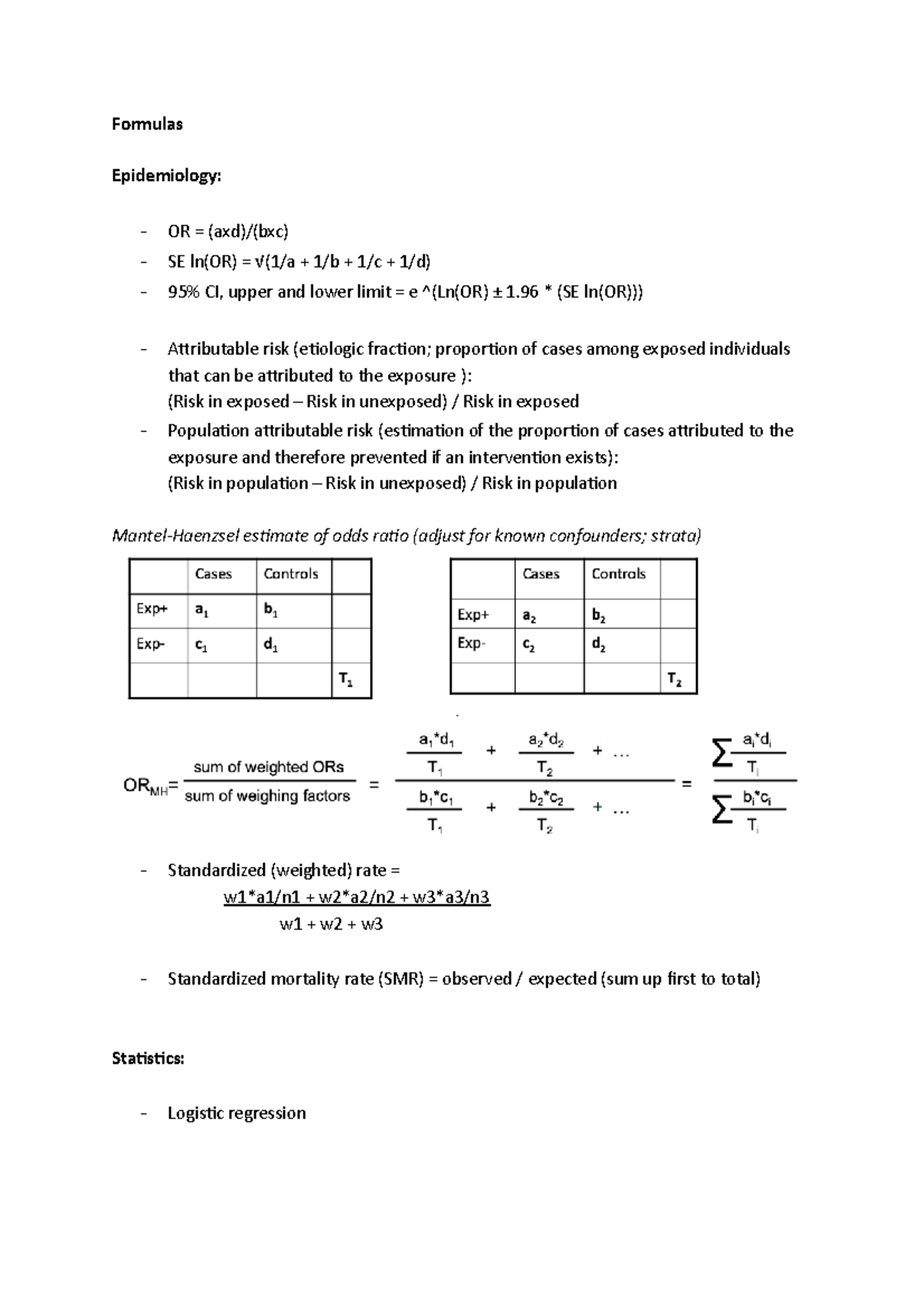 Formulas - Formulas Epidemiology: OR = (axd)/(bxc) SE ln(OR) = √(1/a ...