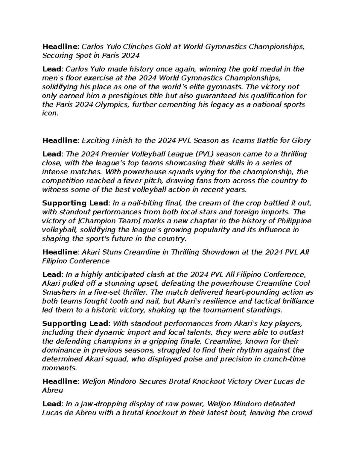 sample sports writing - Headline: Carlos Yulo Clinches Gold at World ...