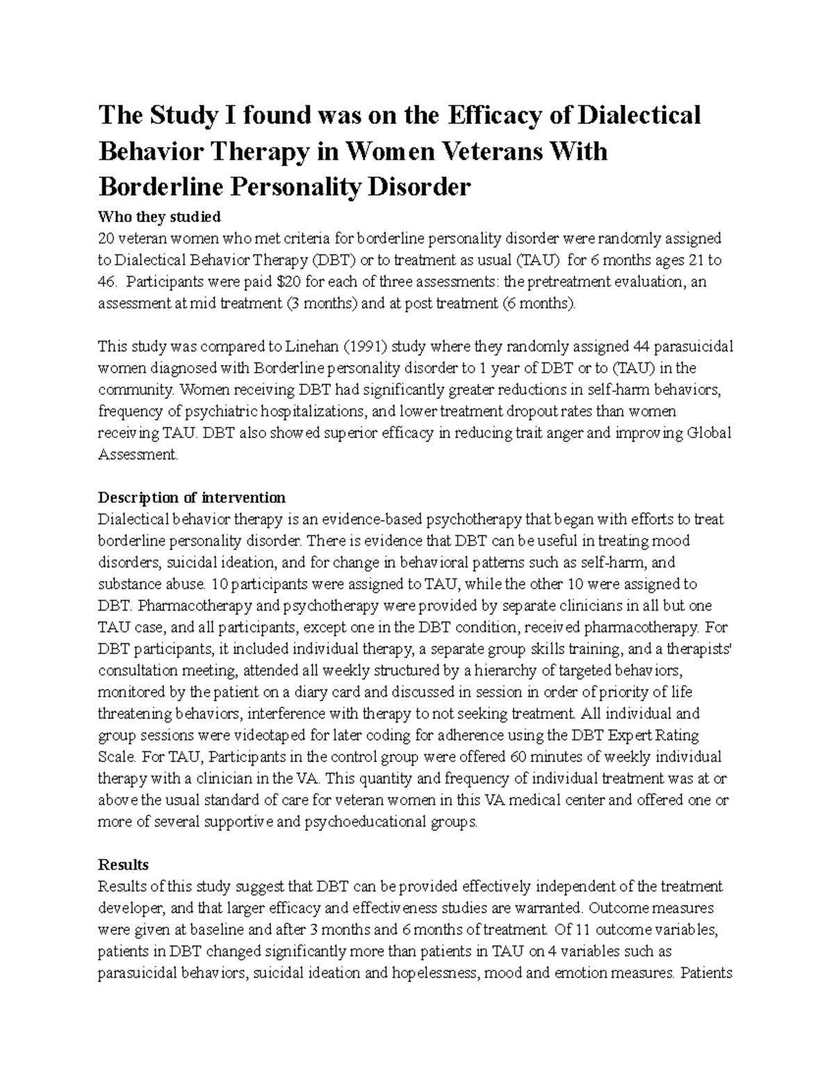 Db T - discussion case - The Study I found was on the Efficacy of ...