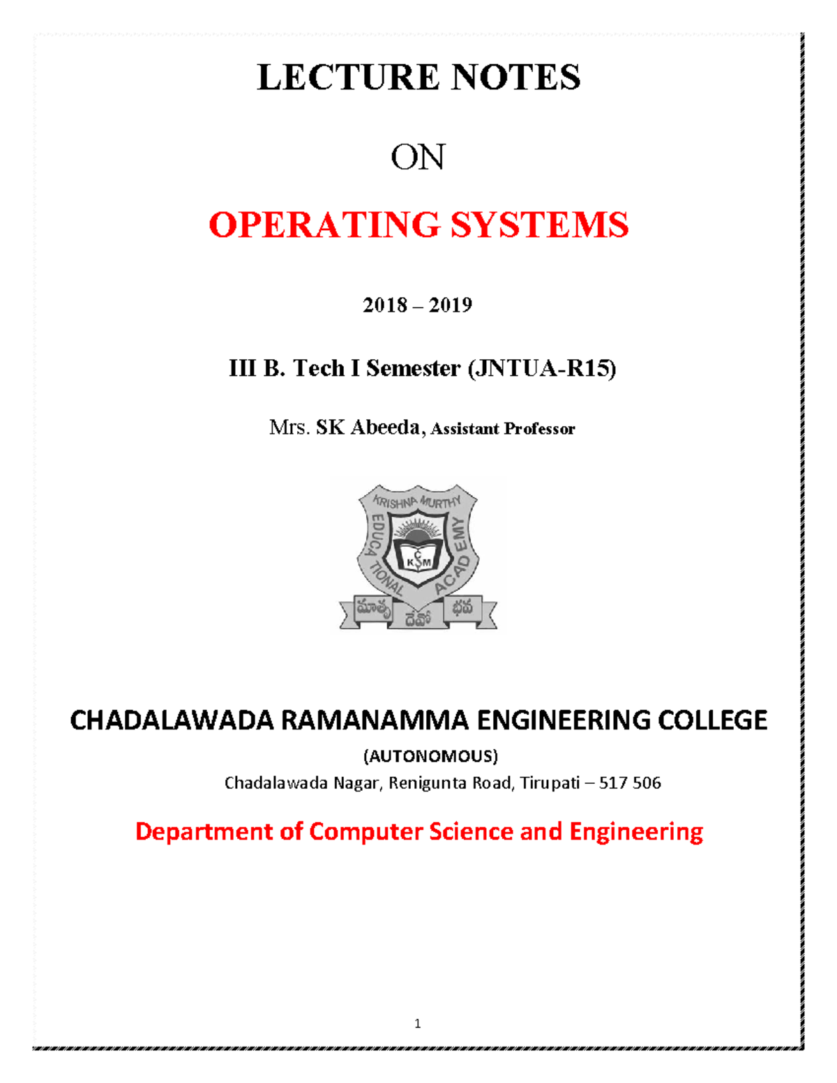 Operating Systems Lecture Notes Lecture Notes On Operating Systems 2018 2019 Iii B Tech I