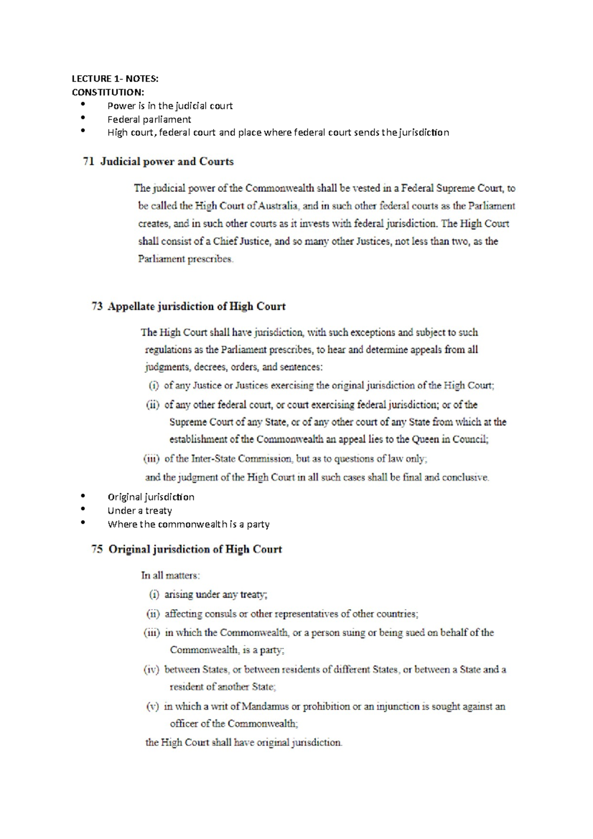 Lecture 1 - LECTURE 1- NOTES: CONSTITUTION: Power is in the judicial ...