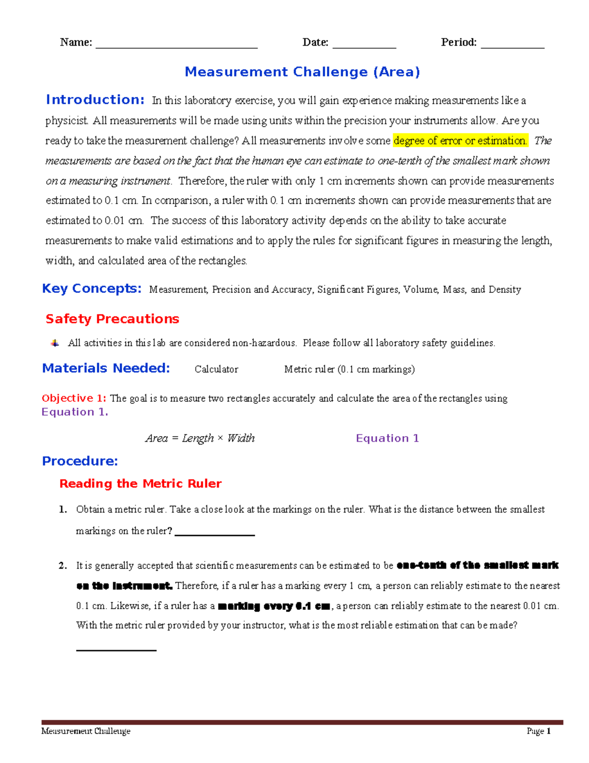 Measurement Challenge (S) - Name: ____________________________ Date ...