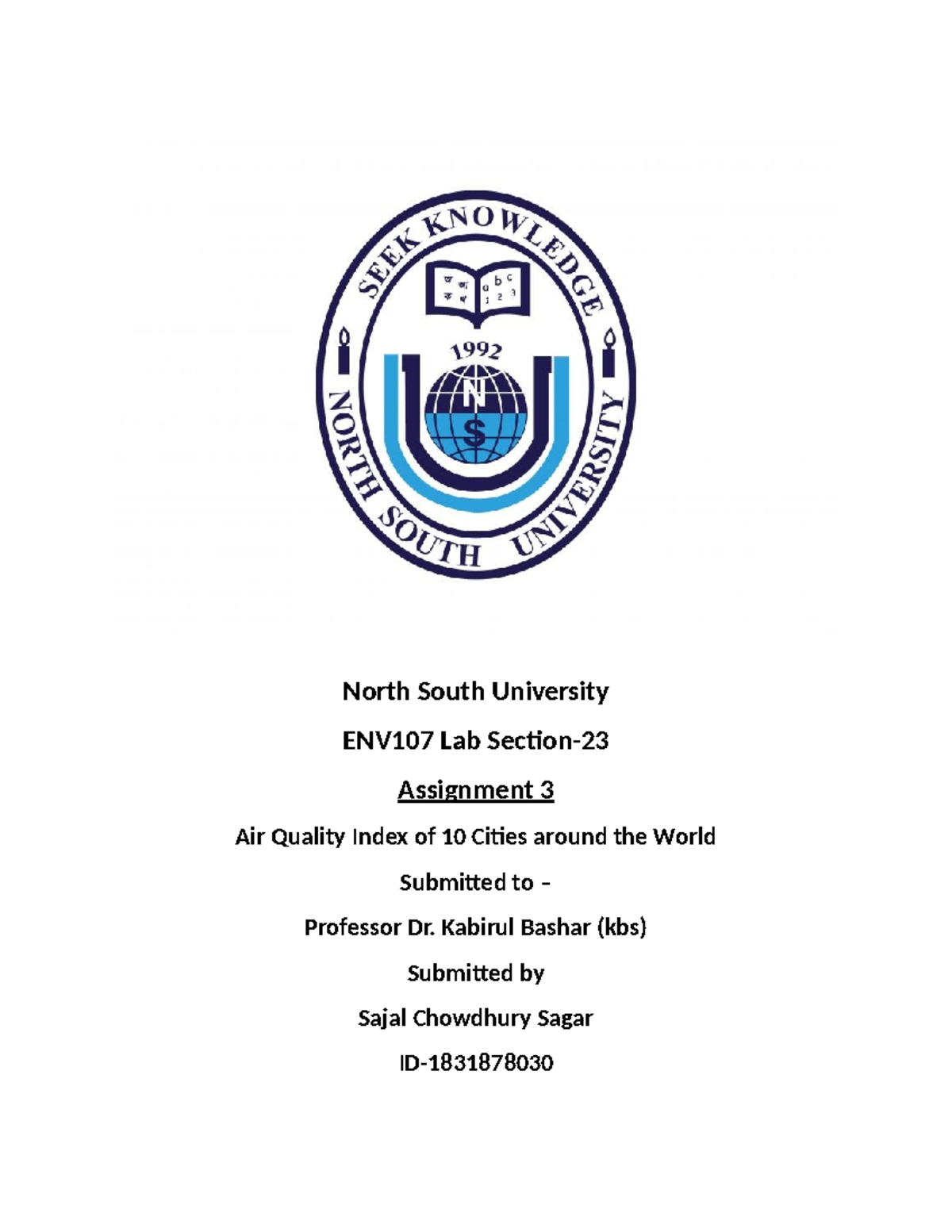 Env Assignment 2 AQI - North South University ENV107 Lab Section- Assignment 3 Air Quality Index ...