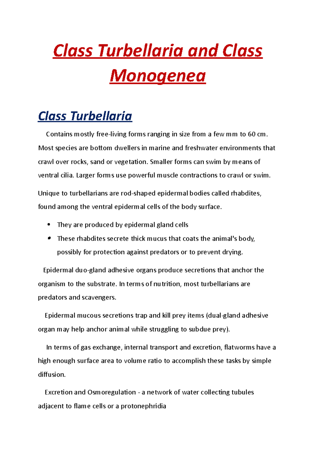 Class Turbellaria and Class Monogenea - Class Turbellaria and Class ...