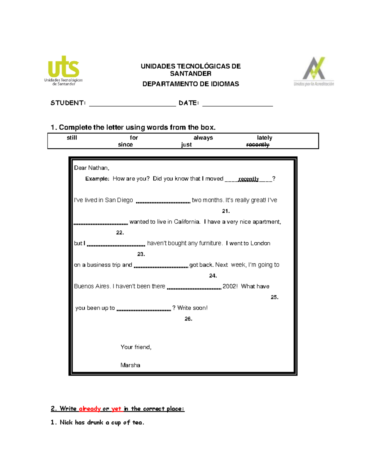 Elementary Grammar UNIT 1 Worksheet 3 2022 - UNIDADES TECNOLÓGICAS DE ...