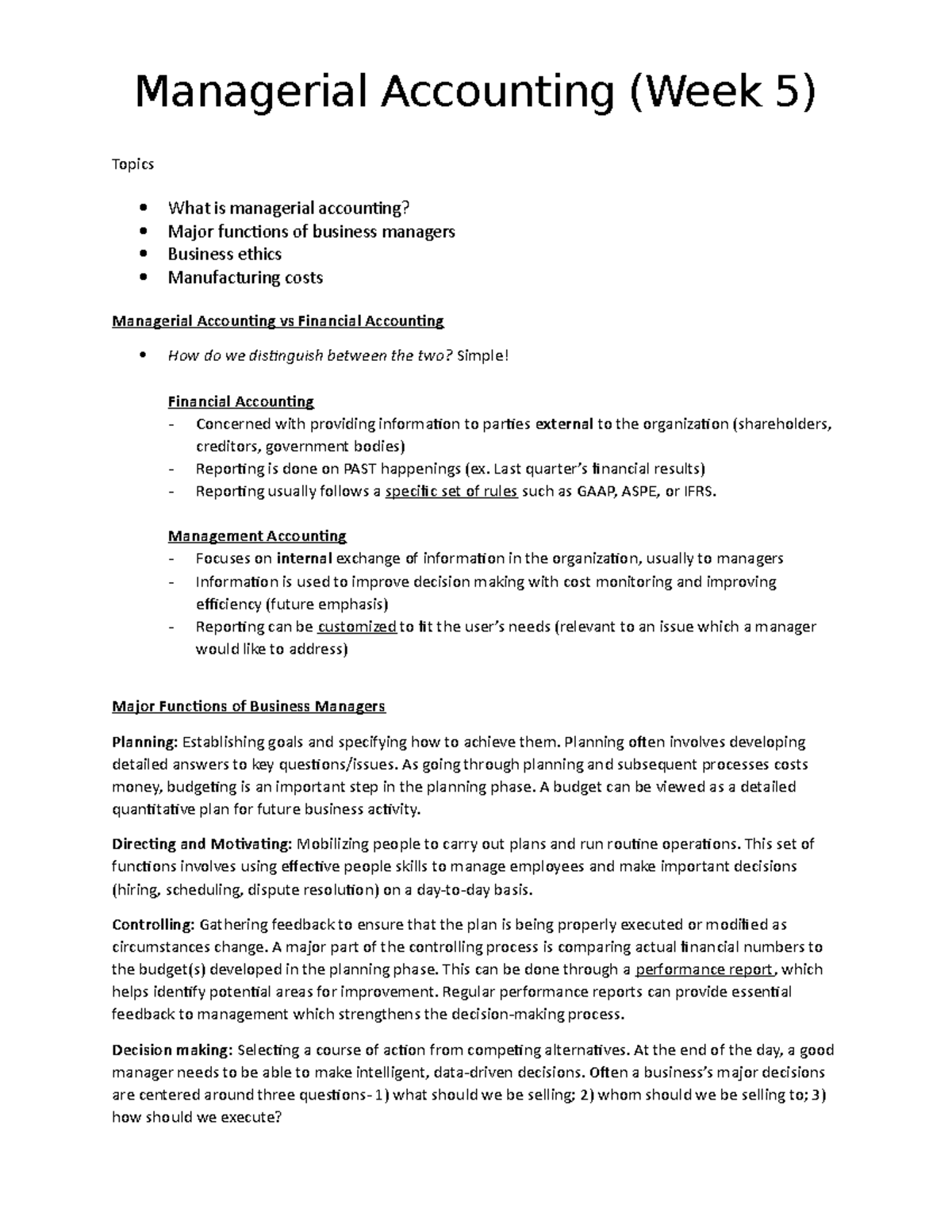 Week 5 621 notes - Managerial Accounting (Week 5) Topics What is ...