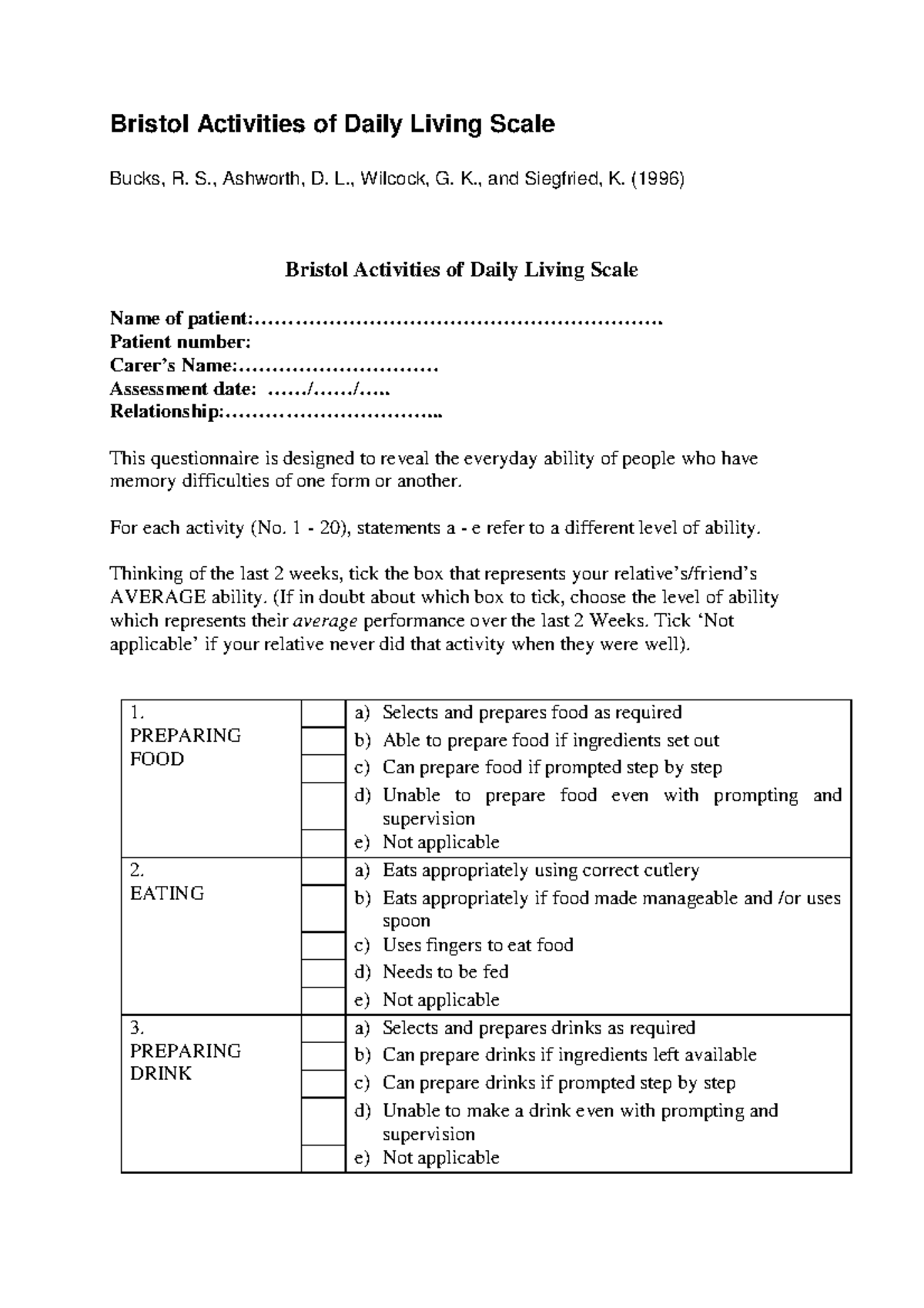 Bristal ADL scale - kkh - Bristol Activities of Daily Living Scale ...