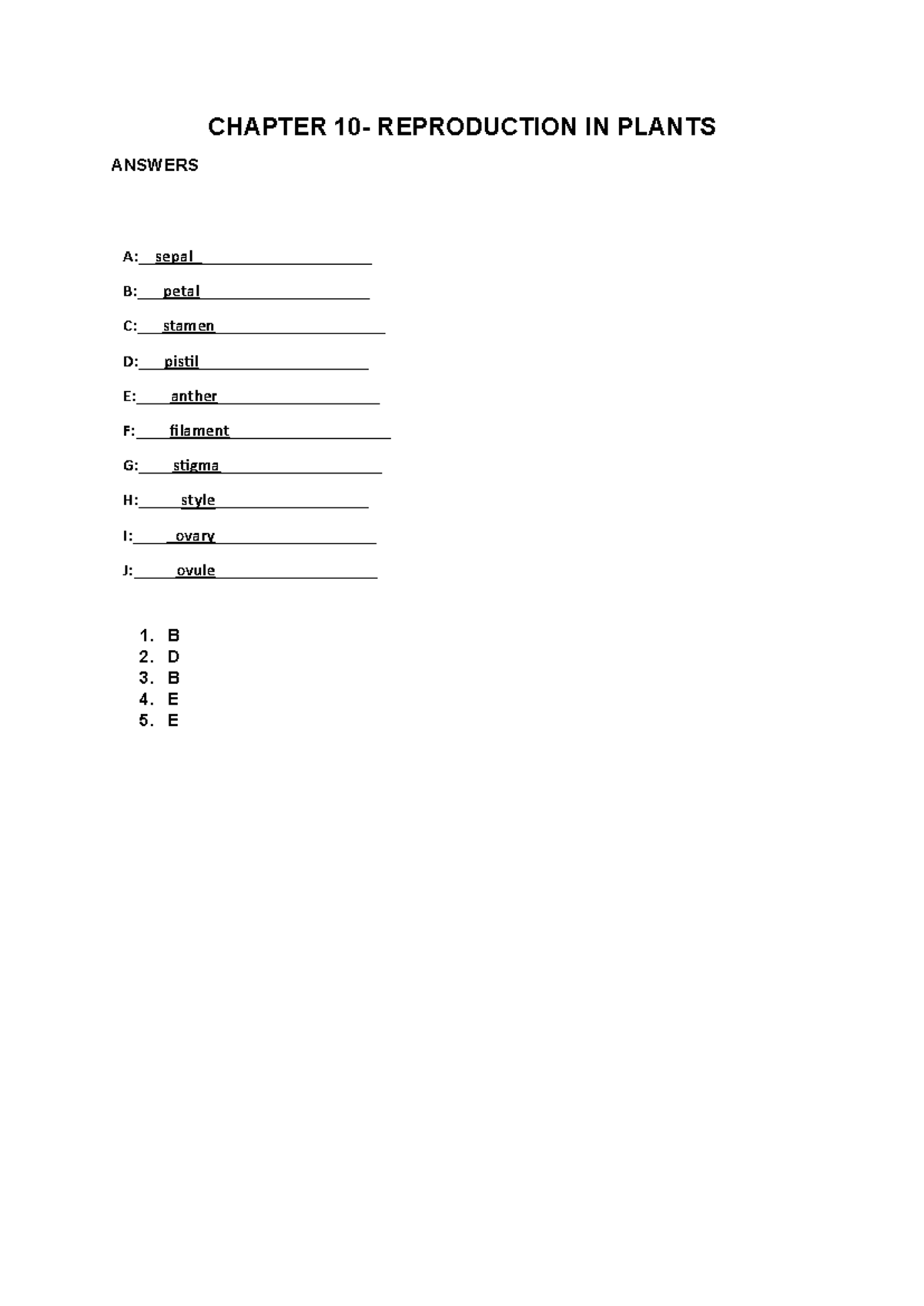 Answer Tutorial 10 Reproduction IN Plants - Biology - CHAPTER 10 ...