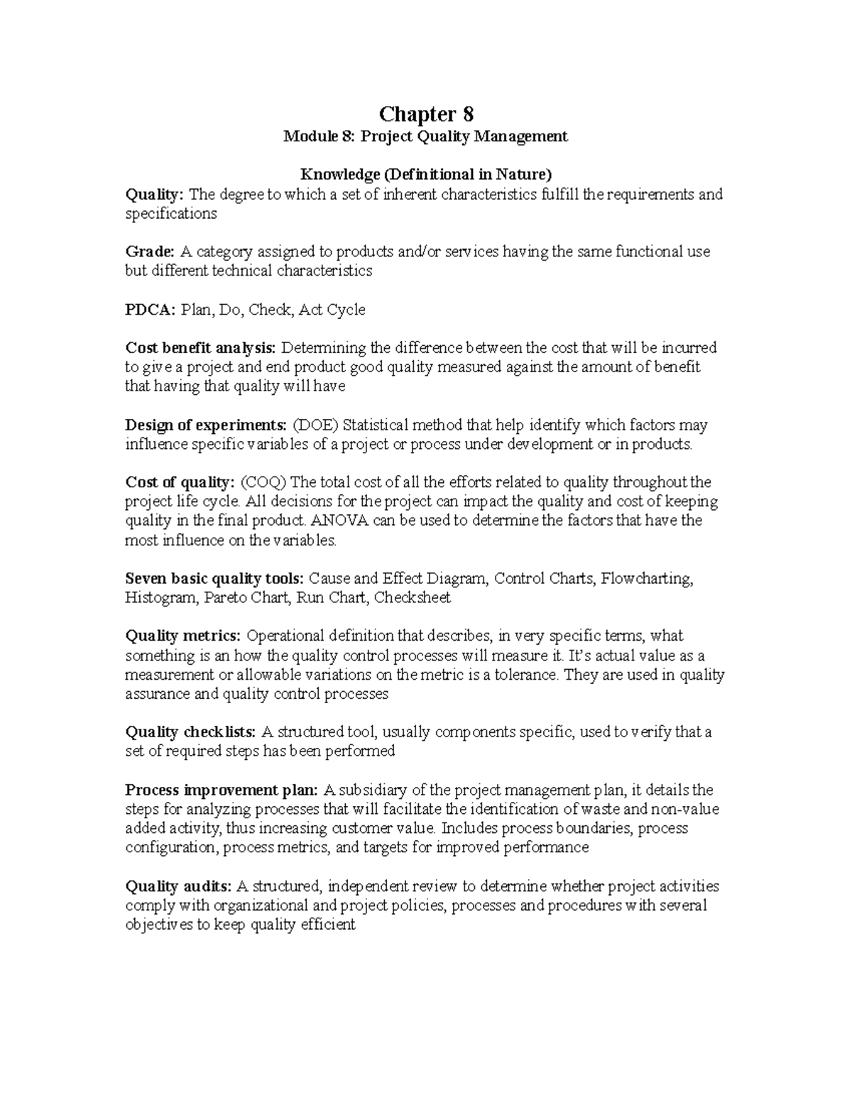 Critical Issues Chapter 8 - Chapter 8 Module 8: Project Quality ...