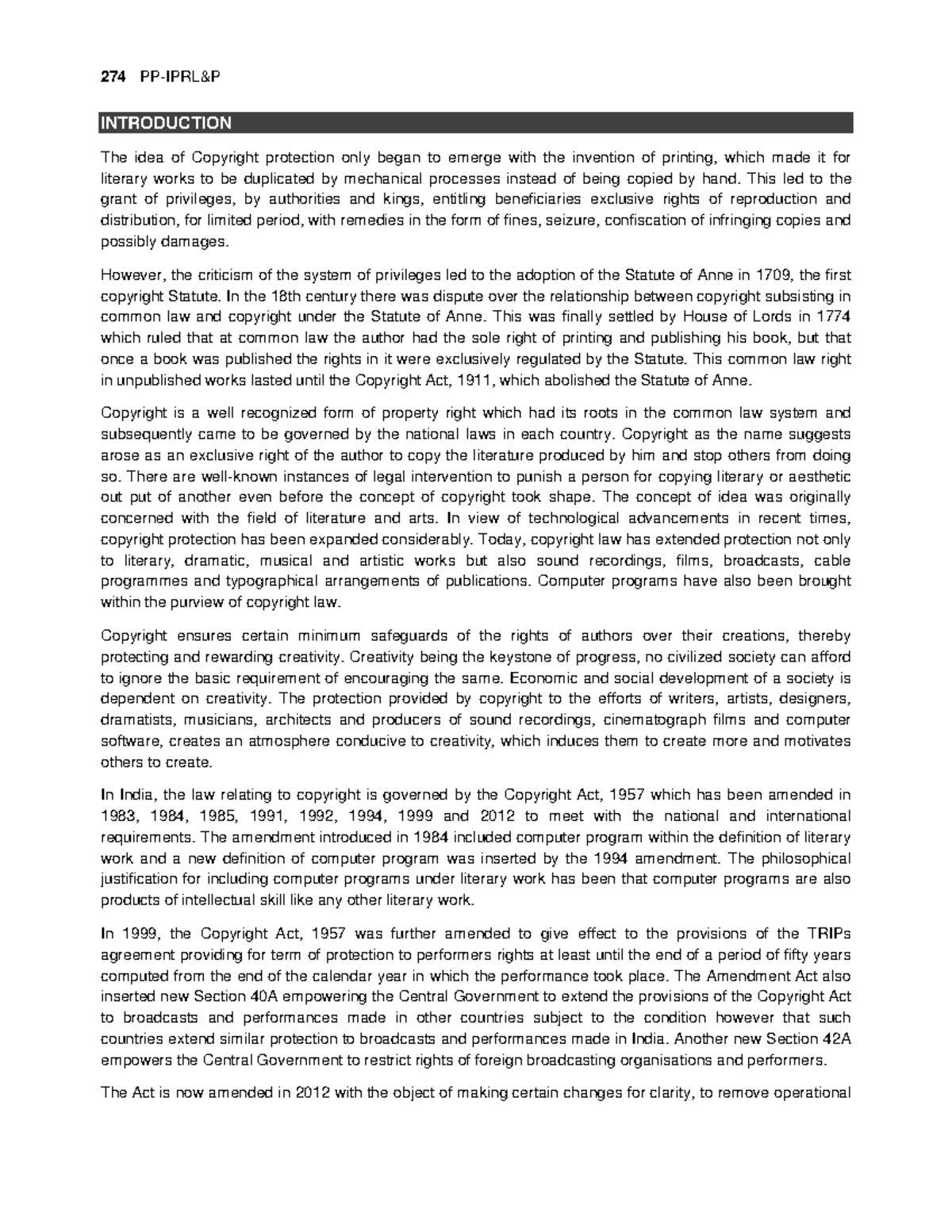 IPR UNIT 1 - Notes - 274 PP-IPRL&P INTRODUCTION The idea of Copyright ...