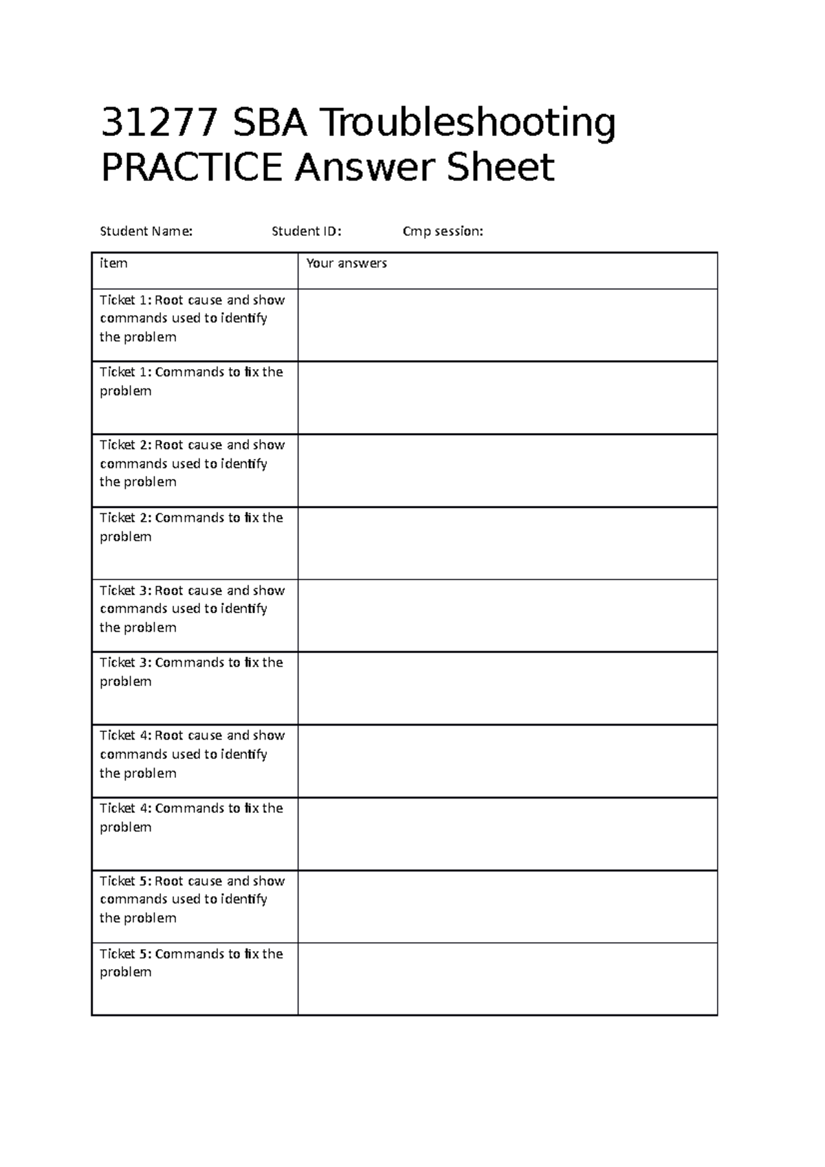 SBA TS Answer sheet Practice - 31277 SBA Troubleshooting PRACTICE ...
