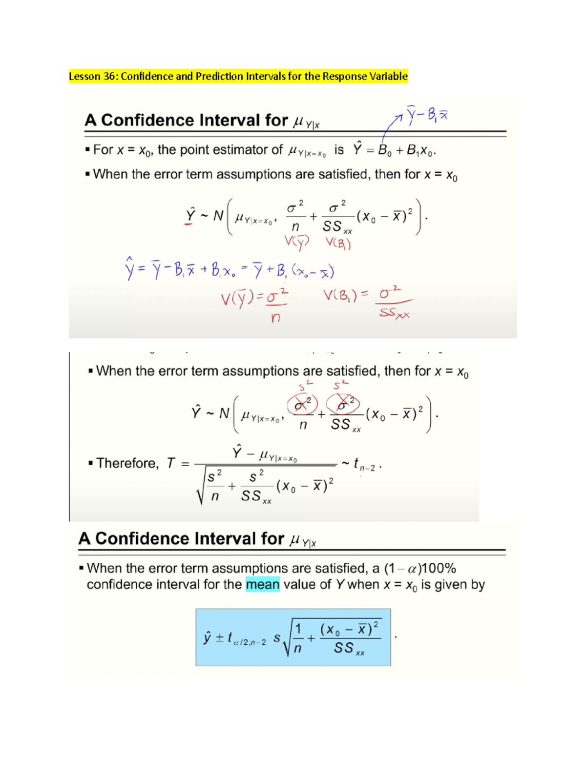 Lesson 36-39 - Confidence Interval for the Mean Response. Prediction Interval for a New ...