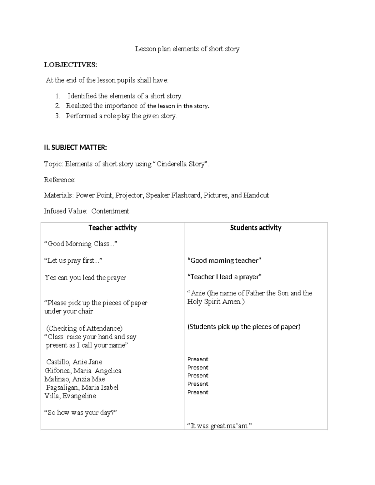 Lesson plan elements of short story 2 - Lesson plan elements of short ...