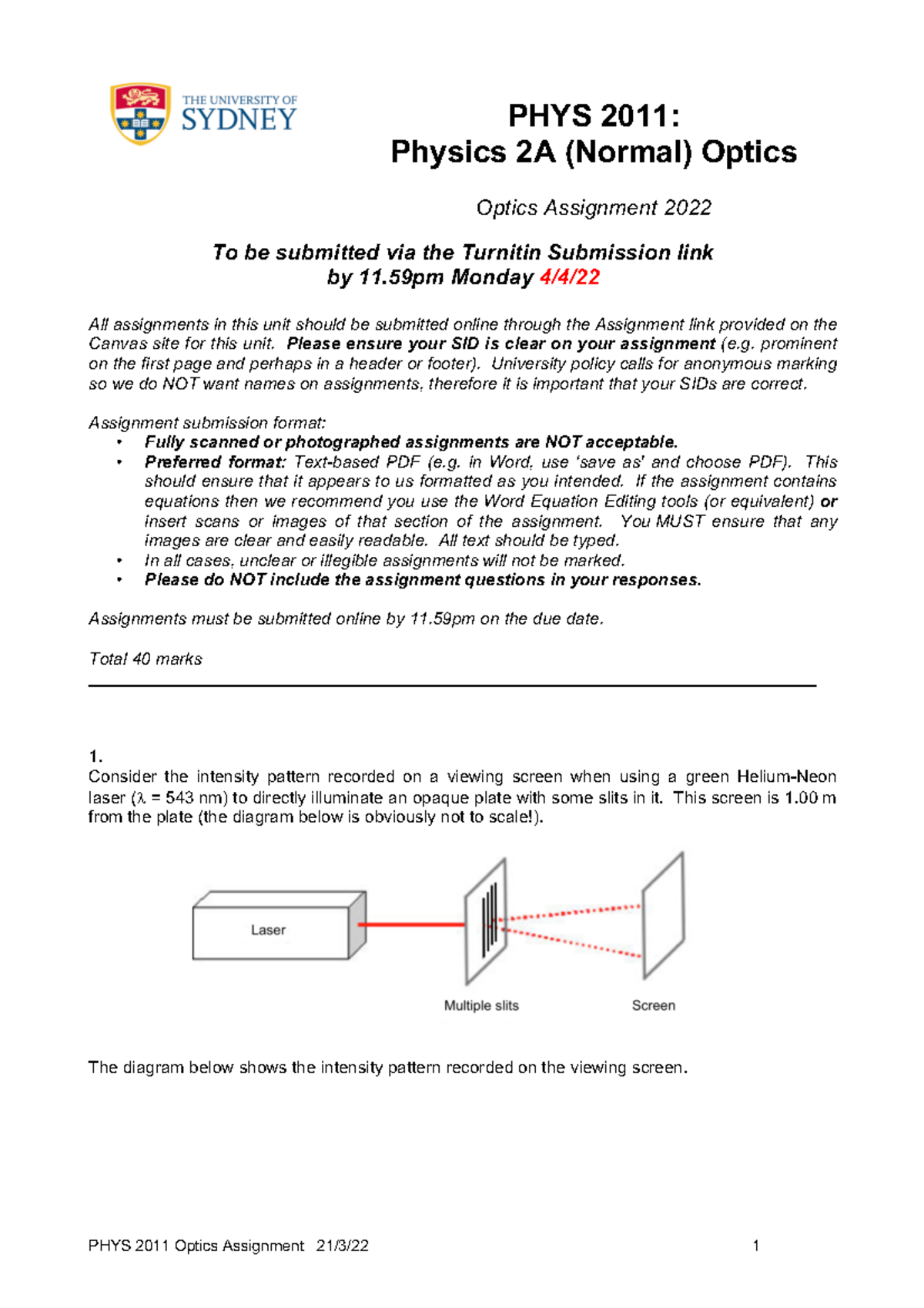 PHYS2011 Optics Assignment 2022 - PHYS 2011: Physics 2A (Normal) Optics ...
