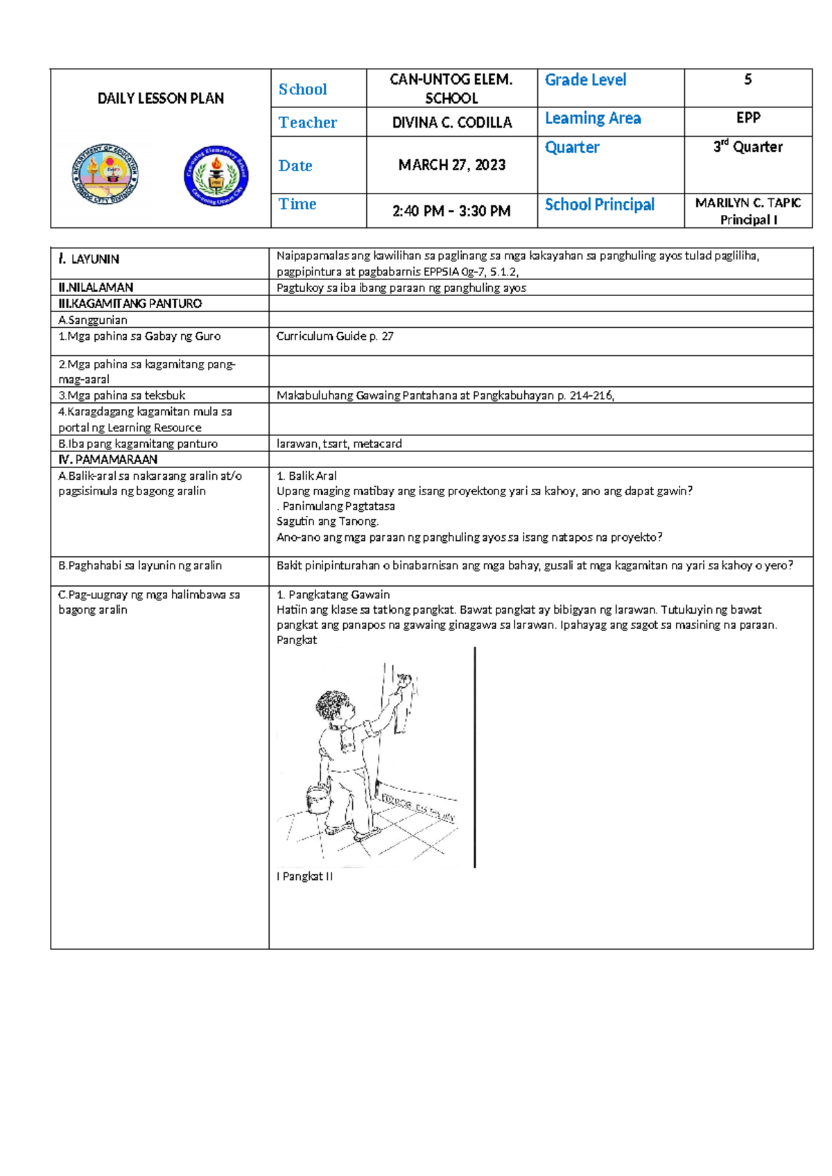 Epp q3 w7 d1 - EPP - DAILY LESSON PLAN School CAN-UNTOG ELEM. SCHOOL ...