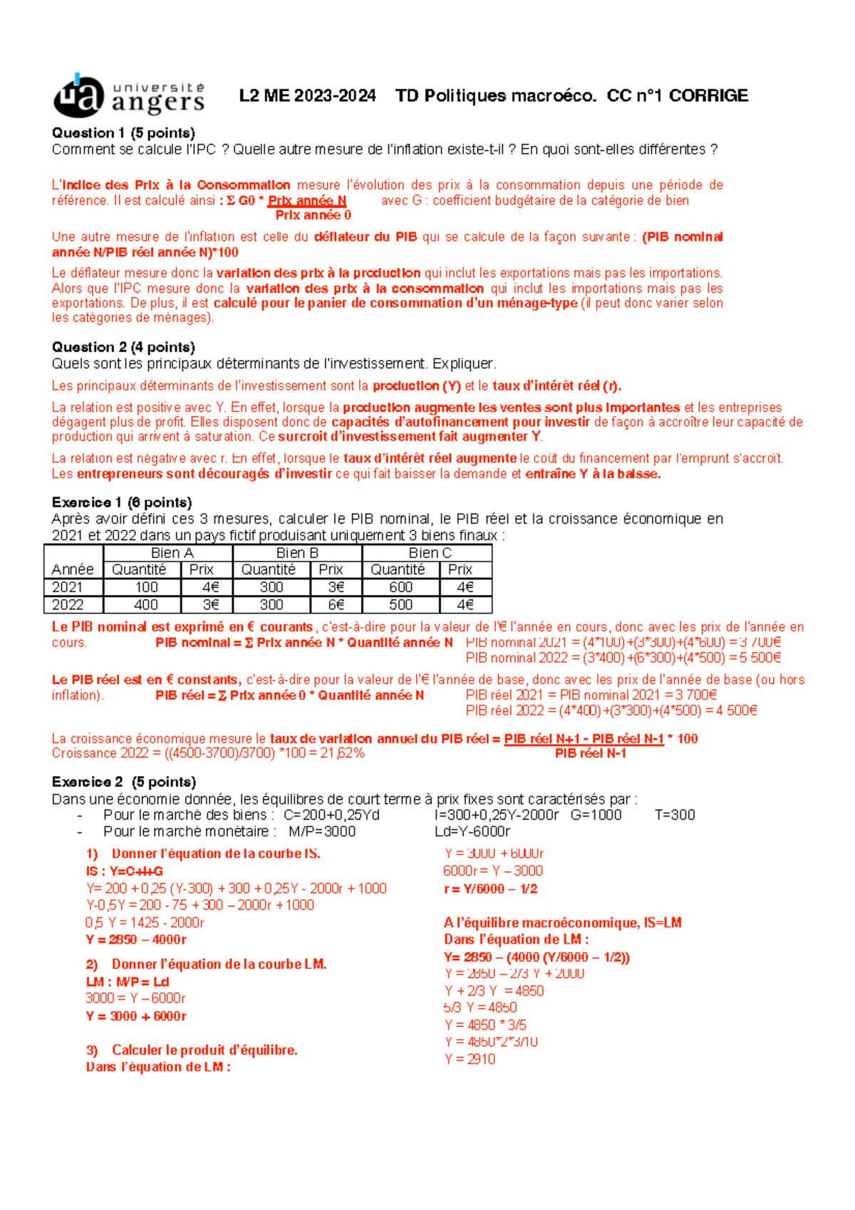 Corrigé CC n°1 - CC n°1 - L 2 ME 2023 - 2024 TD Politiques macroéco. CC n° 1 CORRIGE Question 1 ...