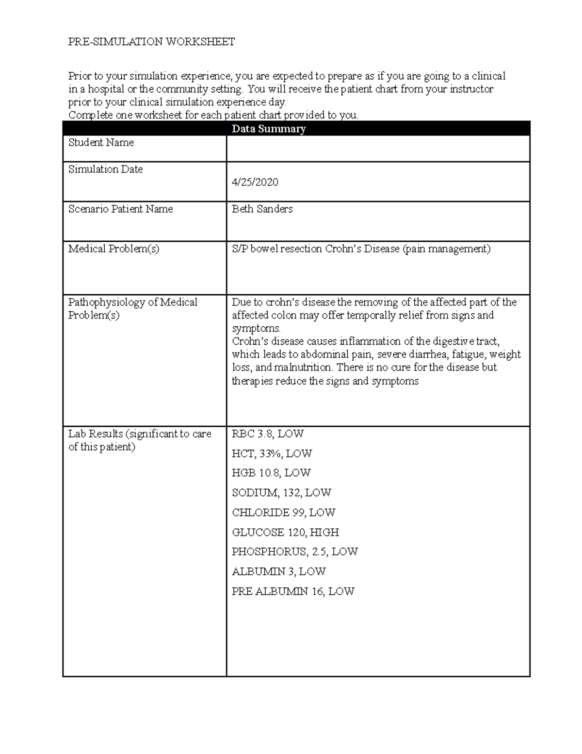Bowel Pre Sim work sheet BETH Sanders - Prior to your simulation ...