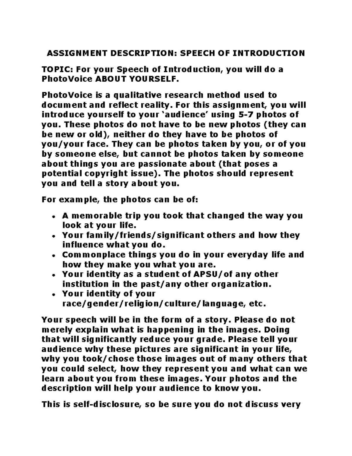 Assignment Description Speech OF Introduction - ASSIGNMENT DESCRIPTION ...