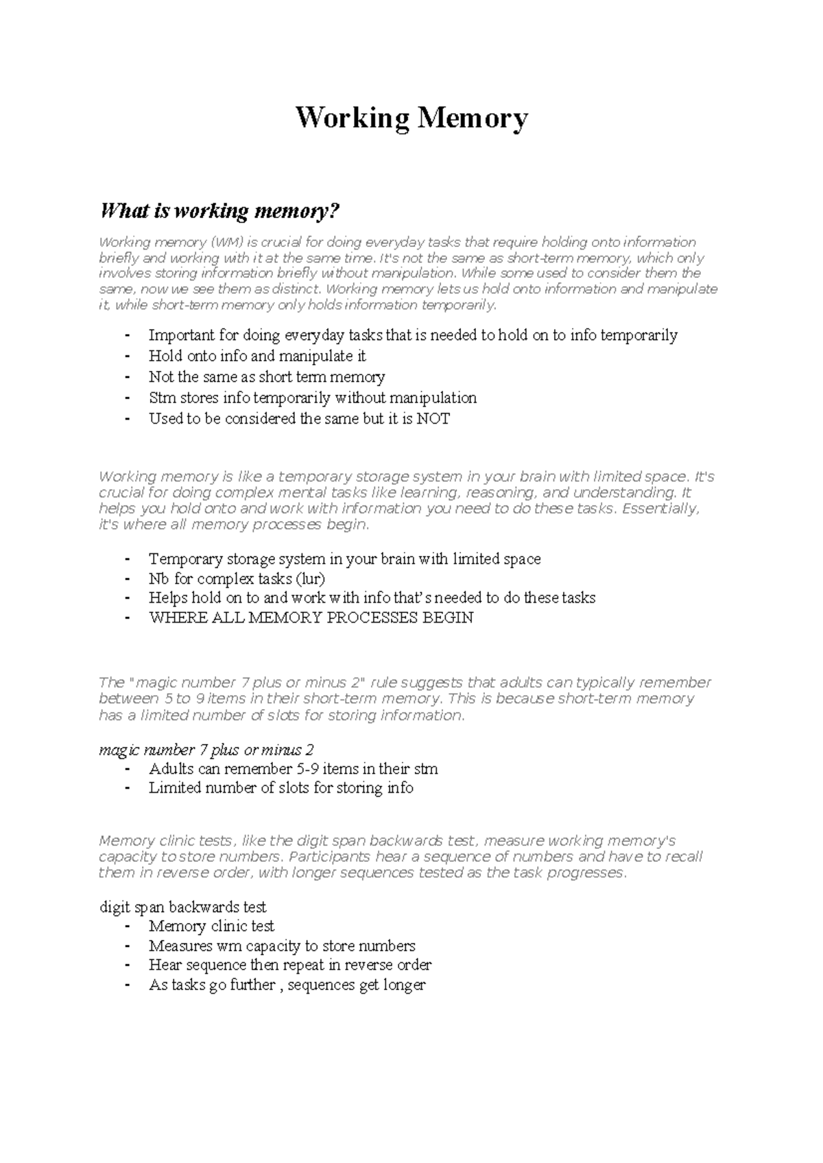 Working memory notes ;0 - Working Memory What is working memory ...