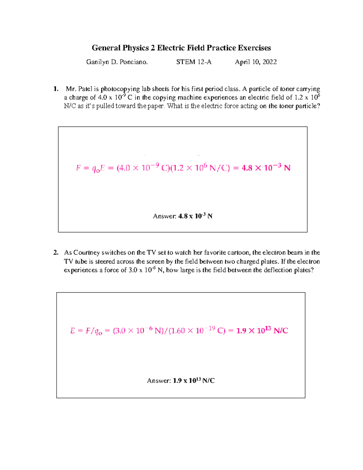 ( Electric Fields; Practice Exercises) Ponciano, Ganilyn D. -STEM 12-A ...