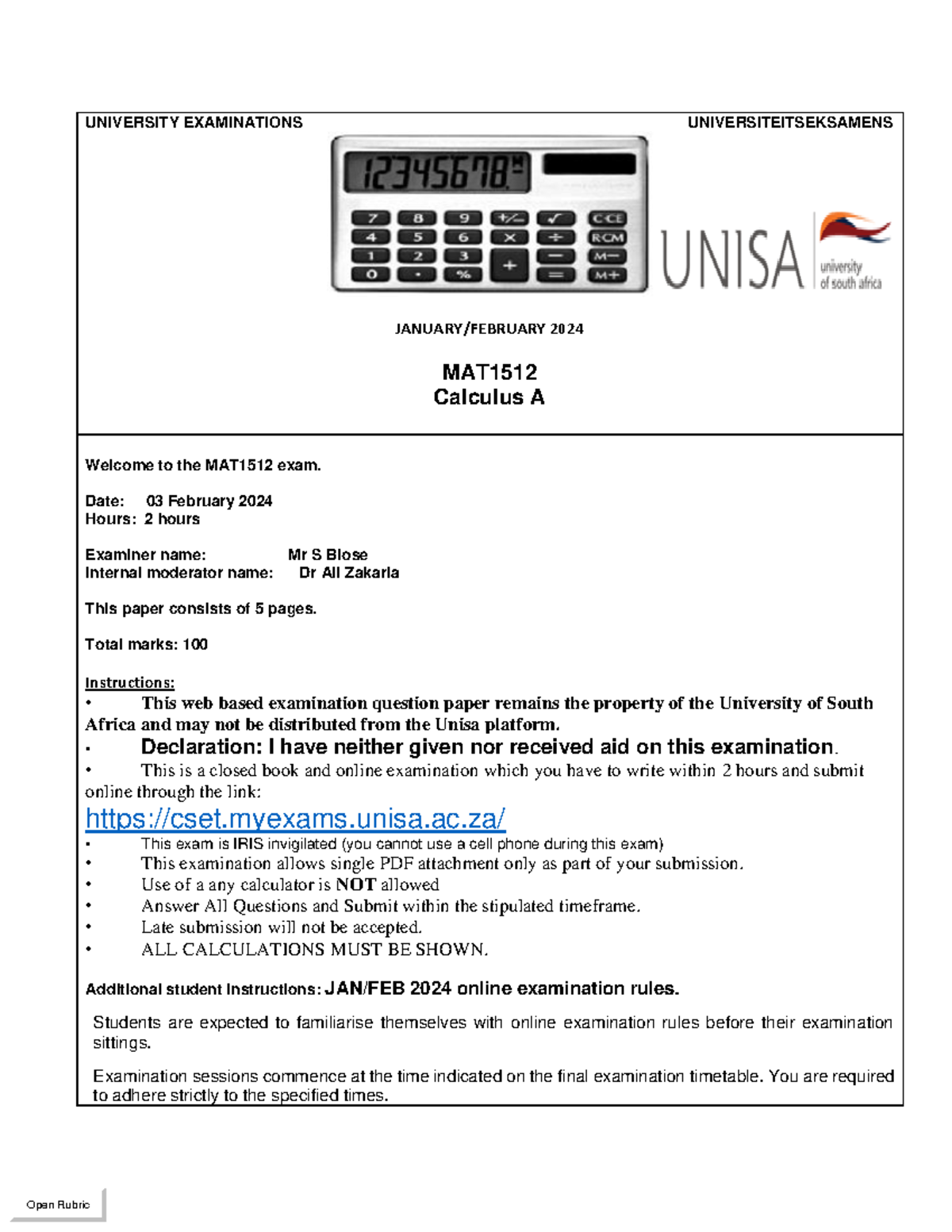MAT1512 Feb EXAM 2024 - UNIVERSITY EXAMINATIONS UNIVERSITEITSEKSAMENS ...