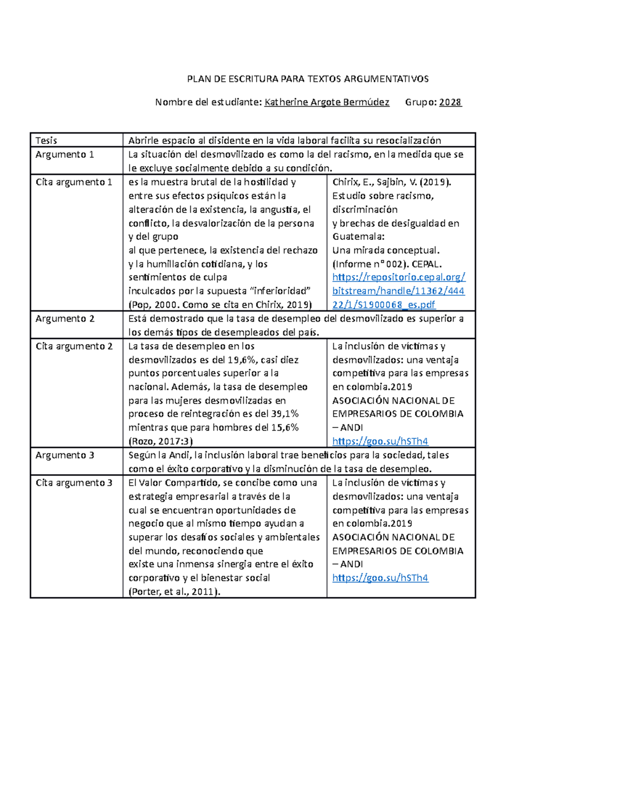 Anexo 1 - Plan de escritura, Tesis argumentativa - PLAN DE ESCRITURA ...