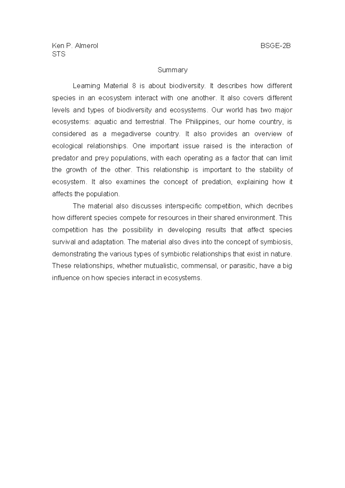 Summary of biodiversity - sts - Ken P. Almerol BSGE-2B STS Summary ...