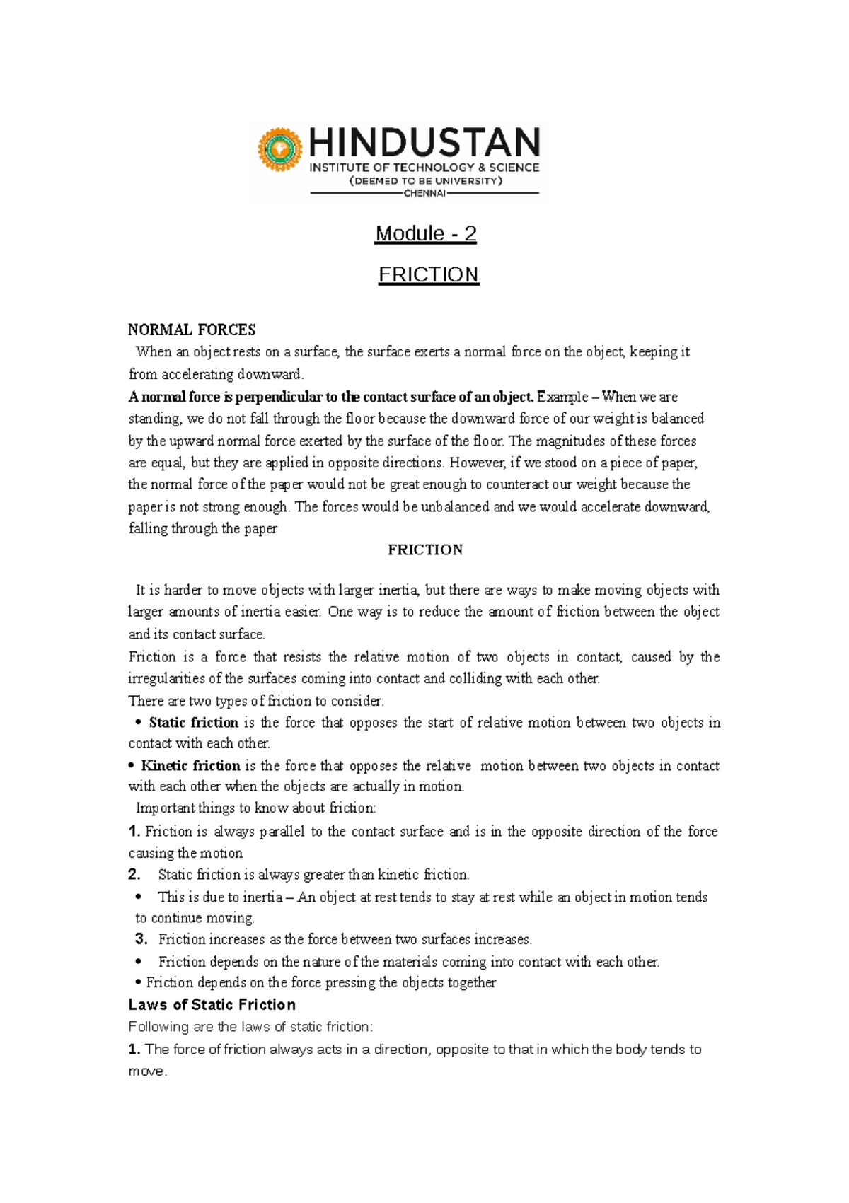 Module - 2 Lecture Notes - Module - 2 FRICTION NORMAL FORCES When an ...