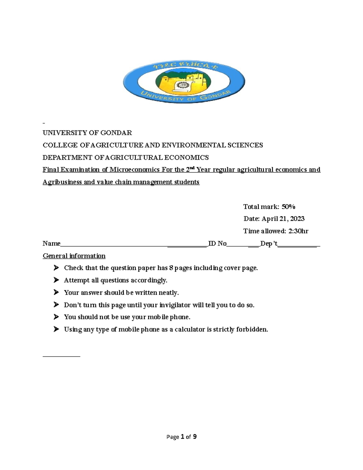 Final exam micro I - UNIVERSITY OF GONDAR COLLEGE OF AGRICULTURE AND ...