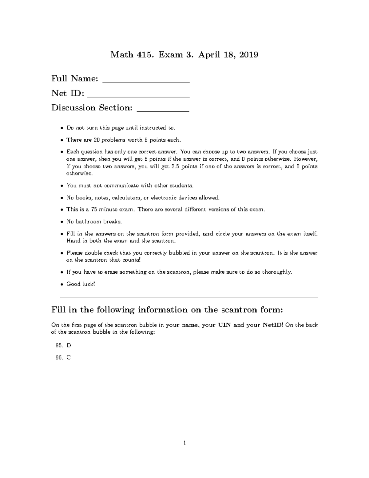 Math415 Spring 2019 Midterm 3 full solutions - Math 415. Exam 3. April ...