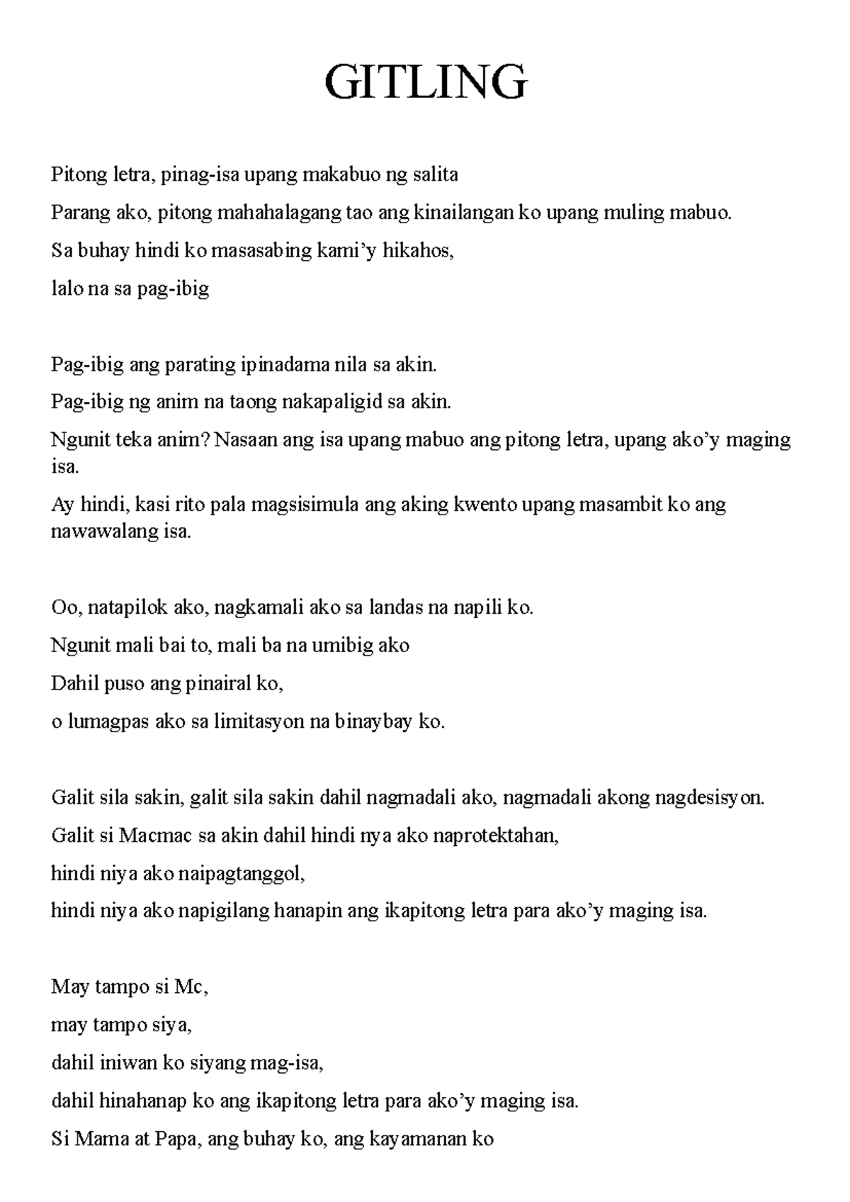 Fil Dis Gitling Spoken Poetry - GITLING Pitong letra, pinag-isa upang ...