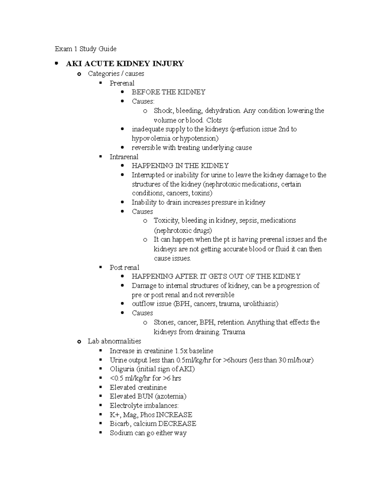 MDC 3 Exam 1 Study Guide - Exam 1 Study Guide AKI ACUTE KIDNEY INJURY o ...