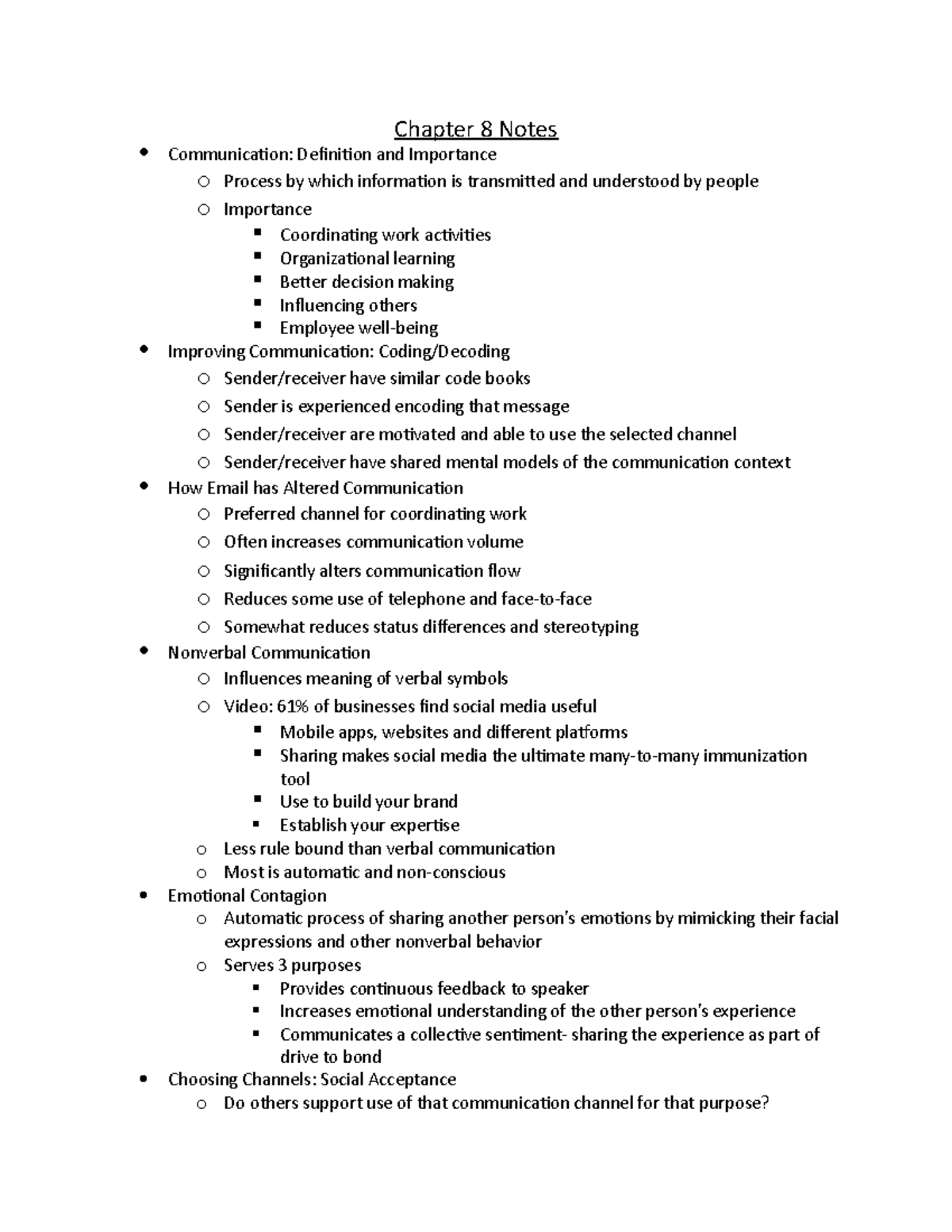 Chapter 8 Notes - Chapter 8 Notes Communication: Definition and ...