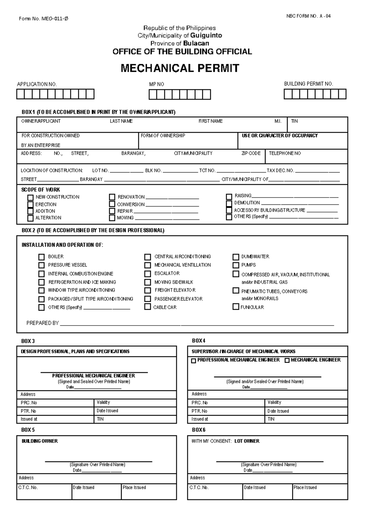 Mechanical Permit - AAA - NBC FORM NO. A - 04 Republic of the ...
